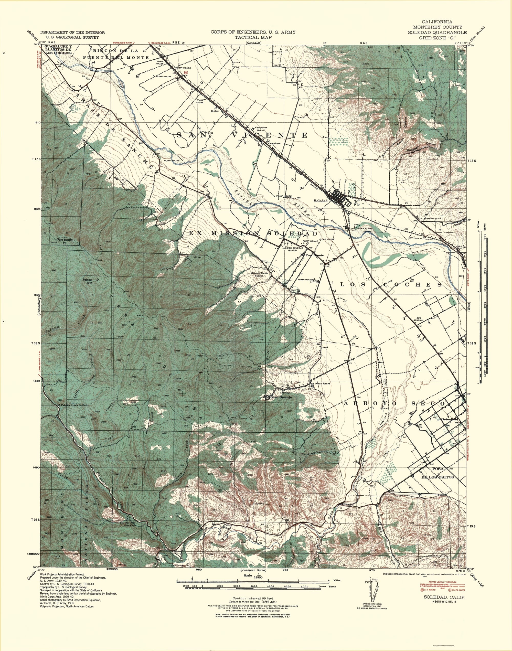 Topographical Map - Soledad California Quad - USGS 1940 - 23 x 29.28 ...