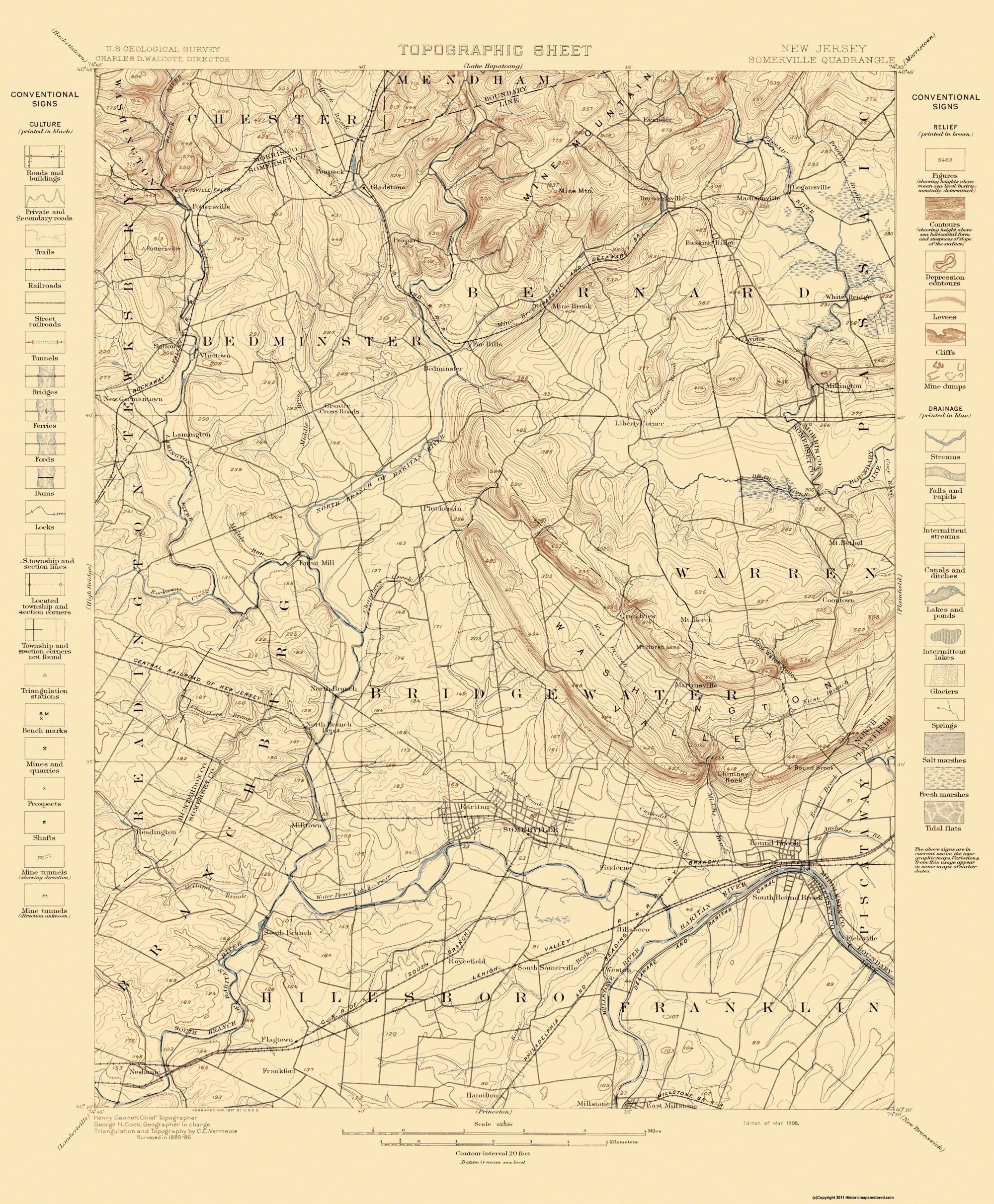 Topographical Map - Somerville New Jersey Quad - USGS 1898 - Vintage ...