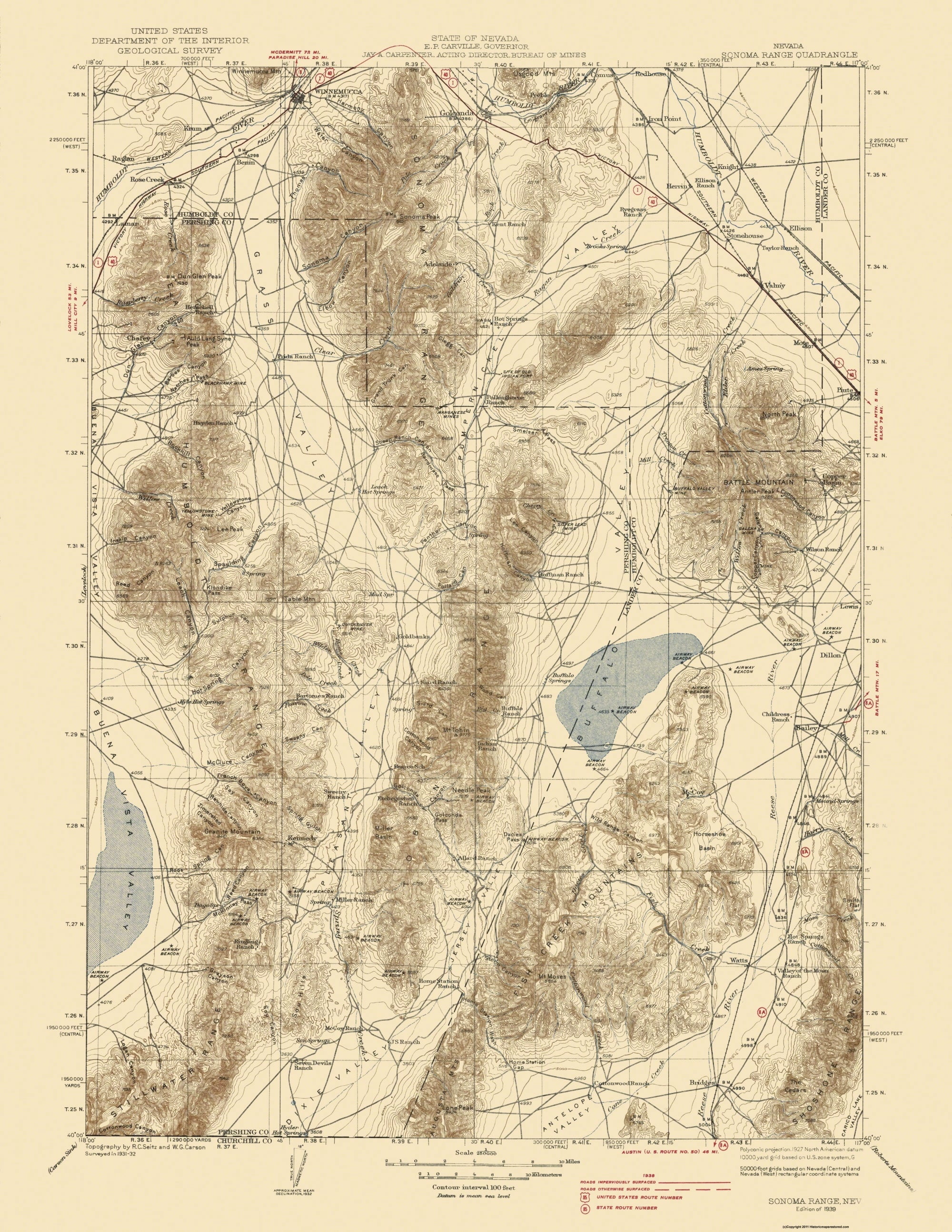 Topographical Map - Sonoma Range Nevada Quad - USGS 1939 - 23 x 29.77 ...