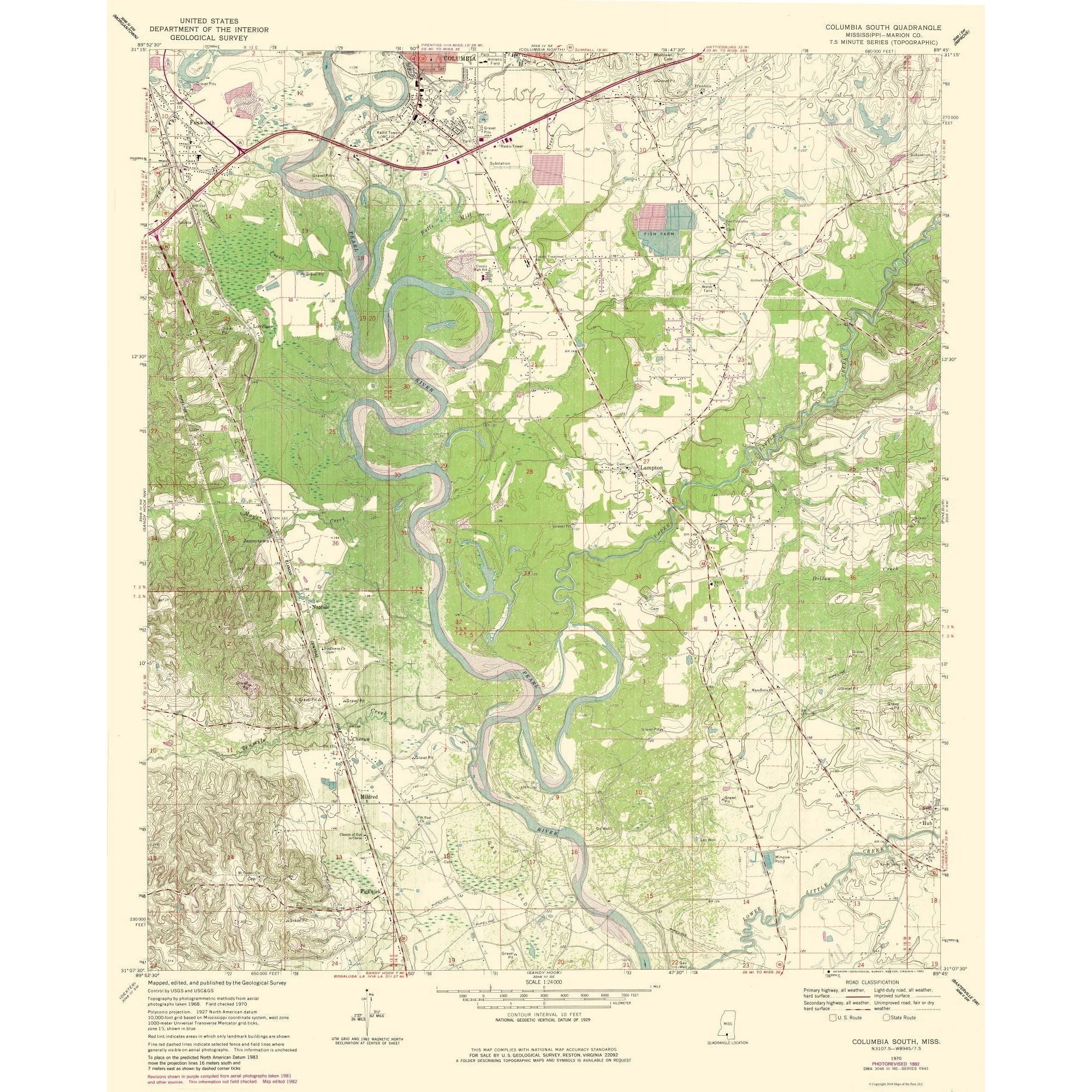 Topographical Map - South Columbia Mississippi Quad - USGS 1970 - 23 x ...