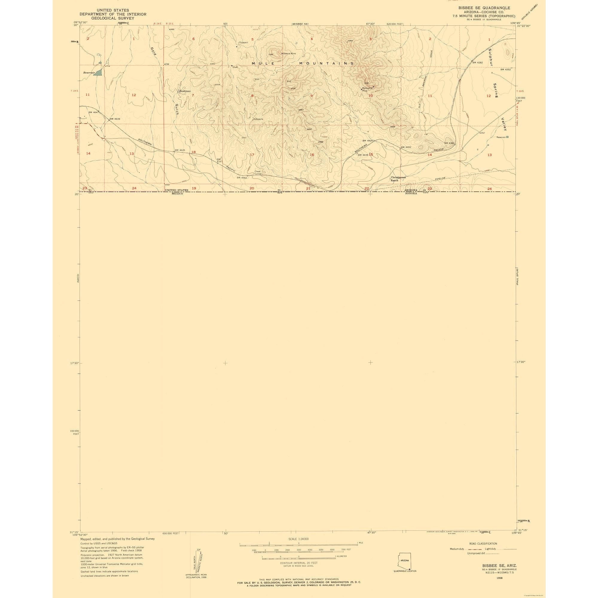Topographical Map - South East Bisbee Arizona Quad - USGS 1958 ...