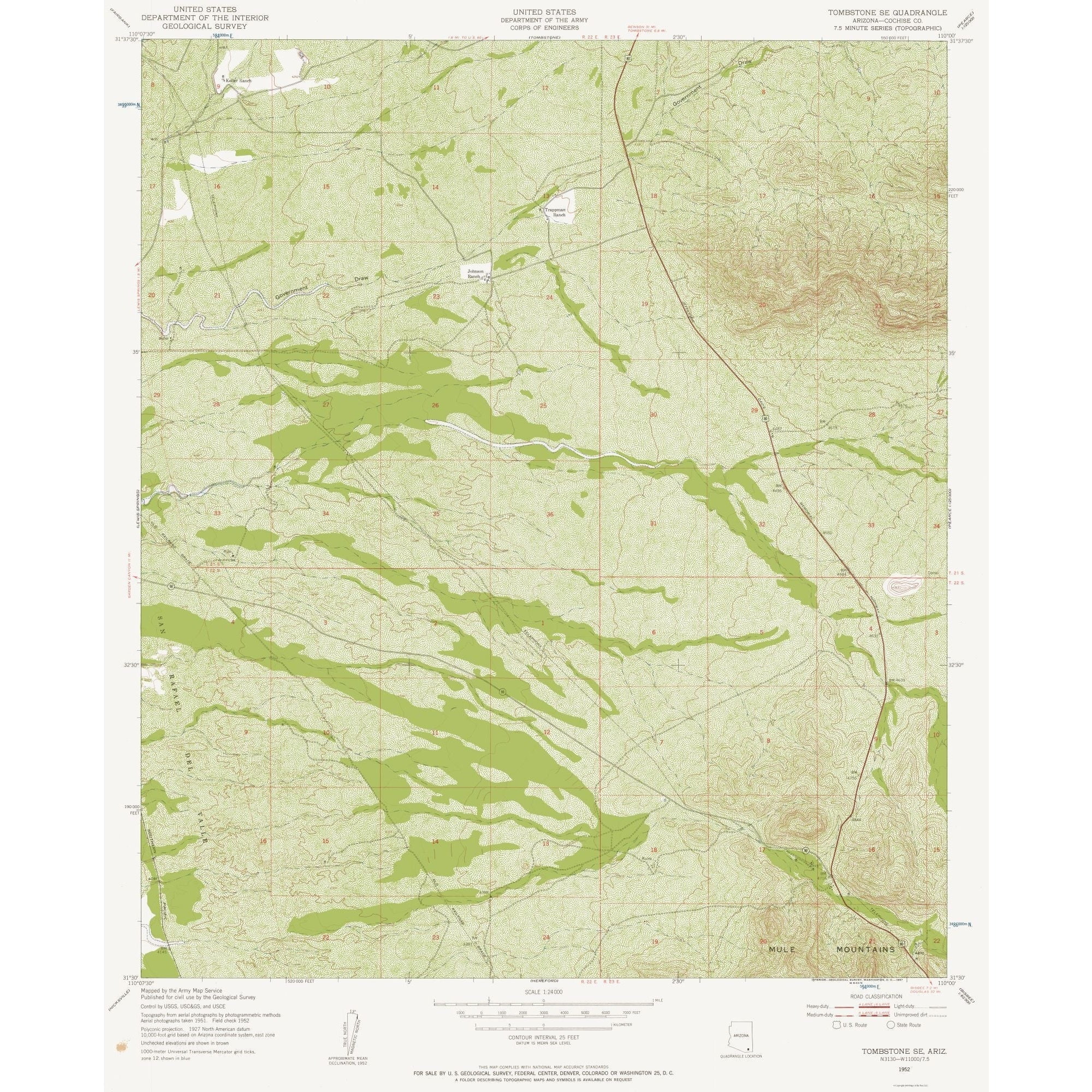 Topographical Map - South East Tombstone Arizona Quad - USGS 1952 - 23 ...