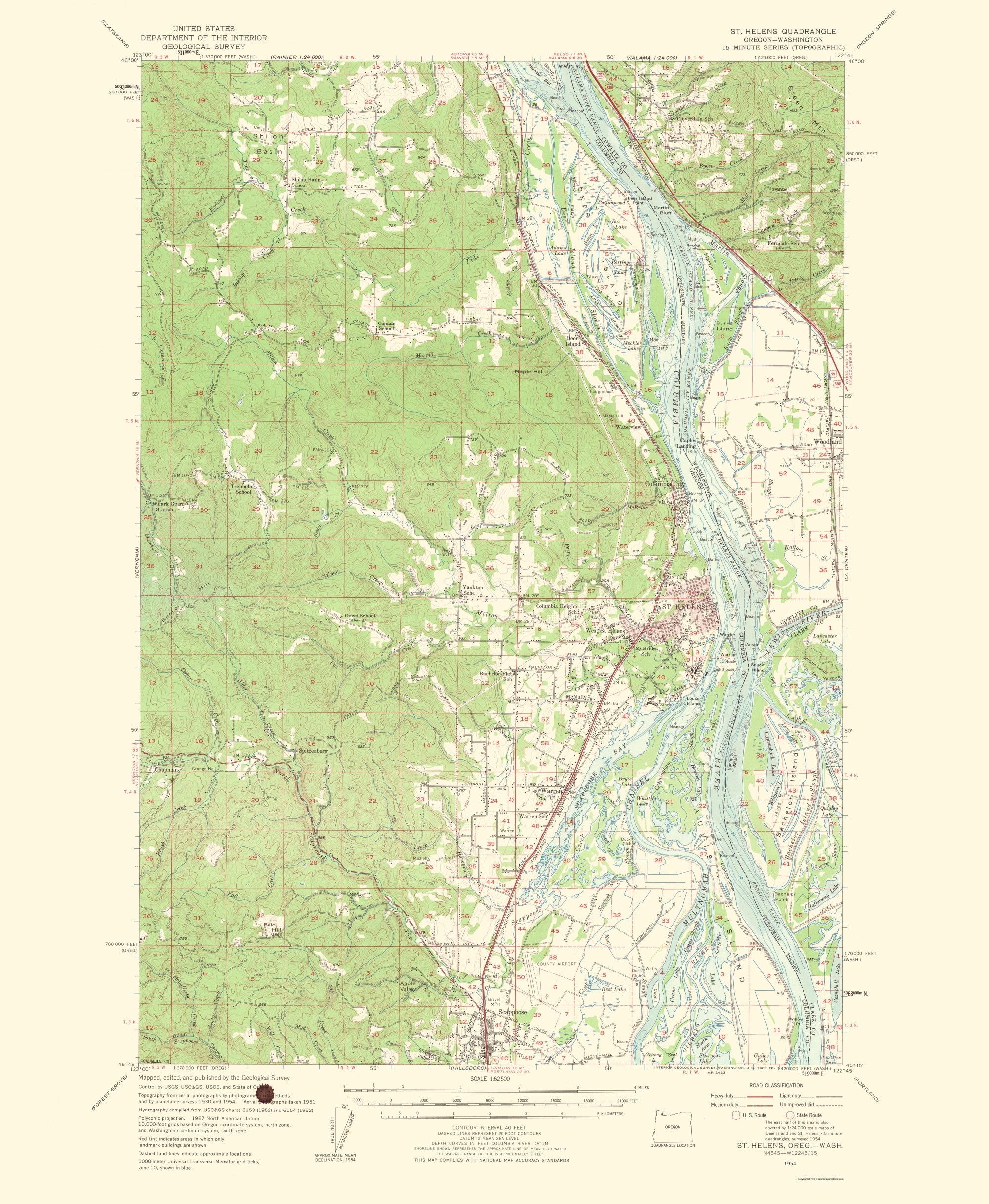 Topographical Map - St Helens Oregon Washington Quad - USGS 1954 - 23 x ...