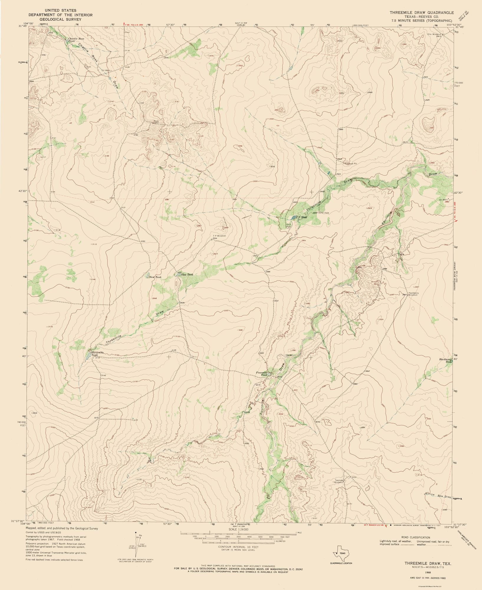 Topographical Map - Three Mile Draw Texas Quad - USGS 1968 - 23 x 28.14 - Vintage Wall Art ...