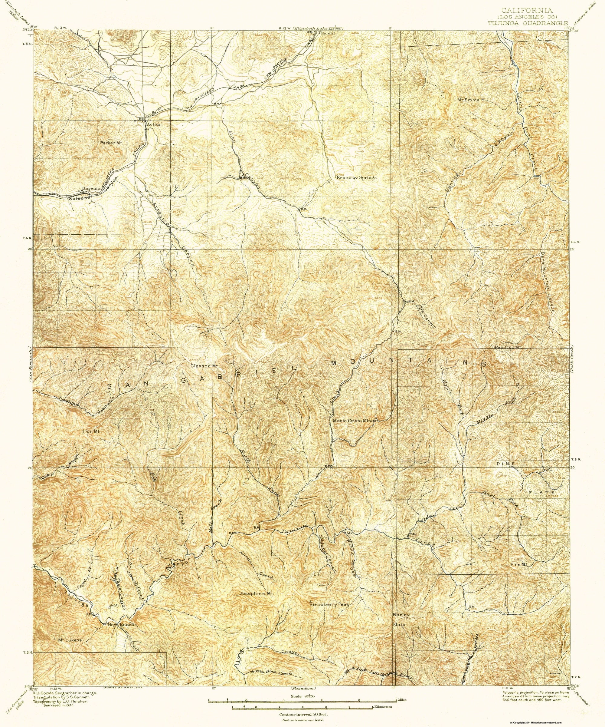 Topographical Map - Tujunga California Quad - USGS 1897 - 23 x 27.63 ...