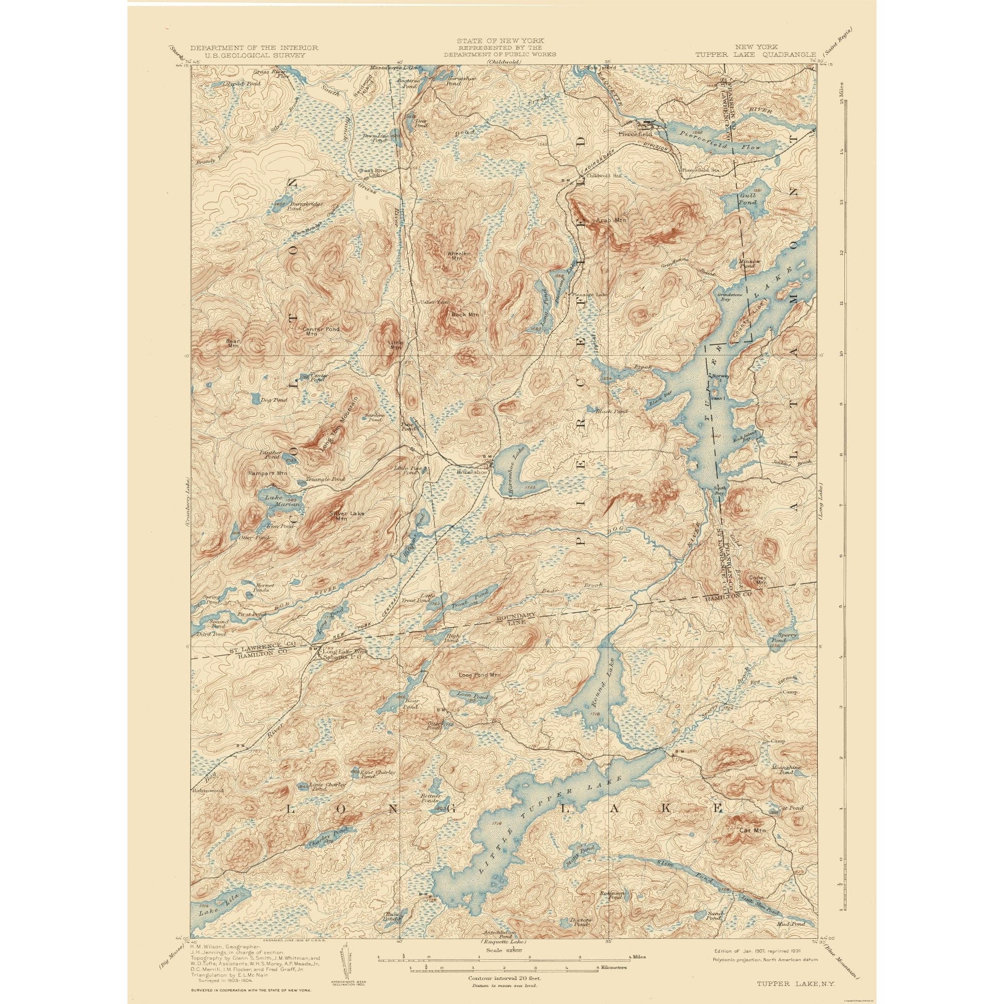 Topographical Map - Tupper Lake New York Quad - USGS 1907 - 23 x 30.82 ...