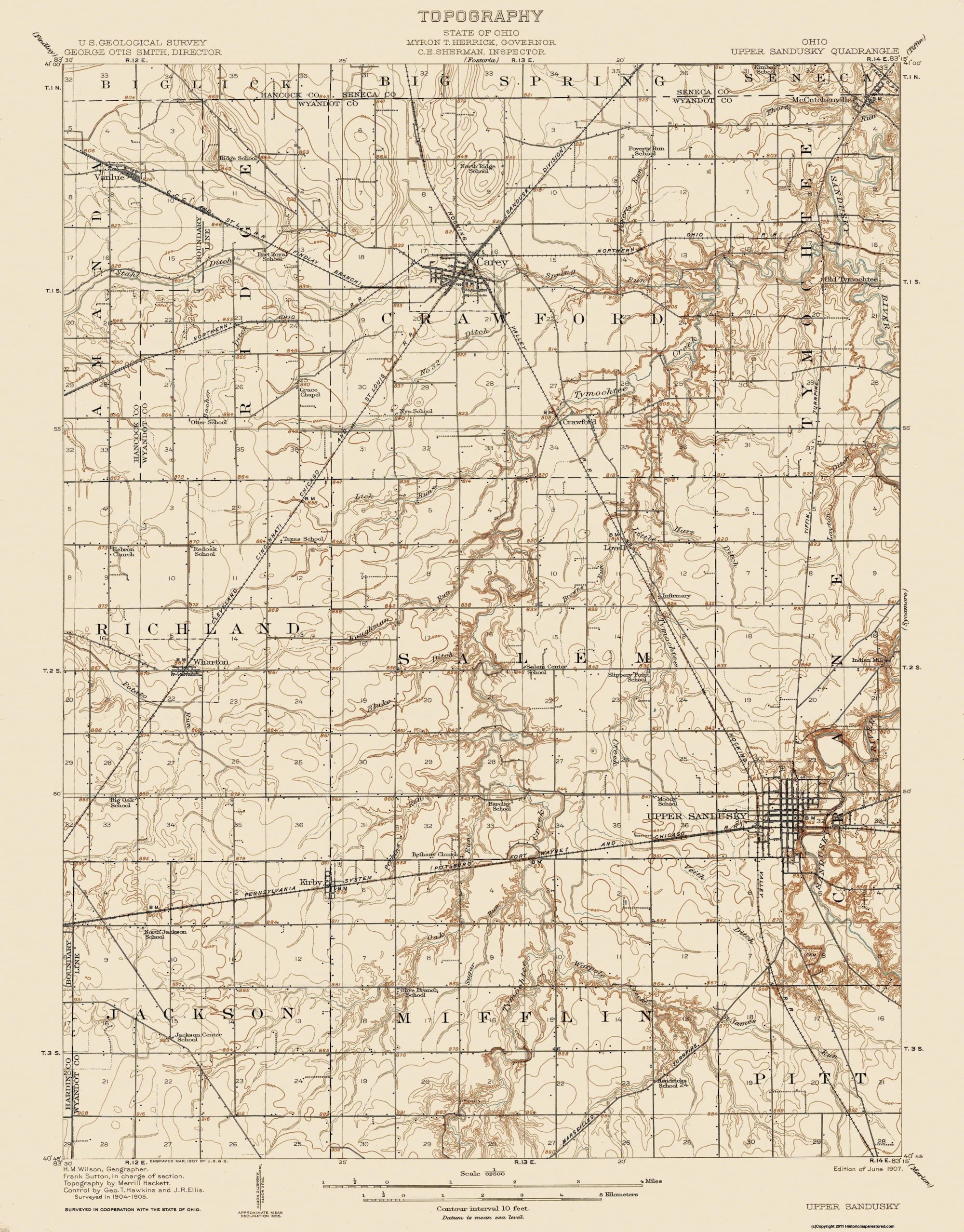 Topographical Map - Upper Sandusky Ohio Quad - USGS 1907 - 23 x 29.38 ...