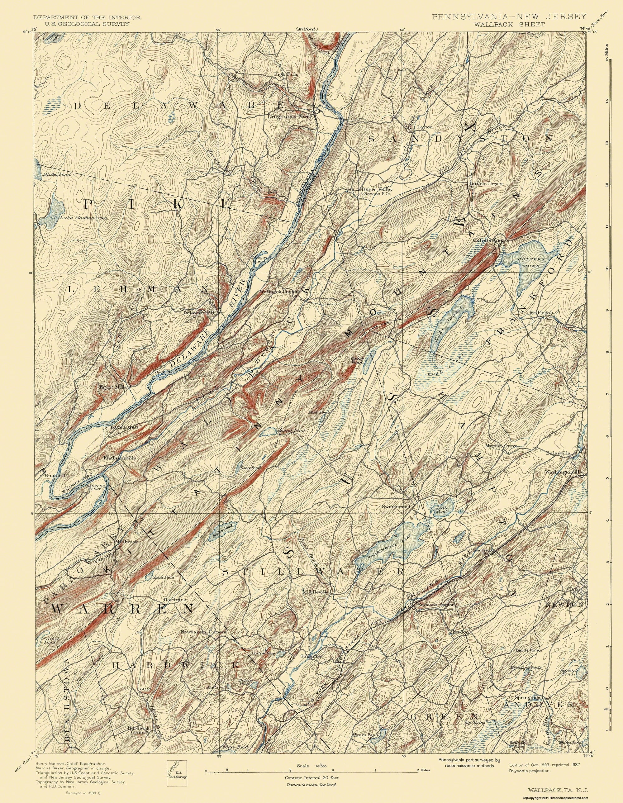 Topographical Map - Wallpack Pennsylvania New Jersey Quad - USGS 1893 ...