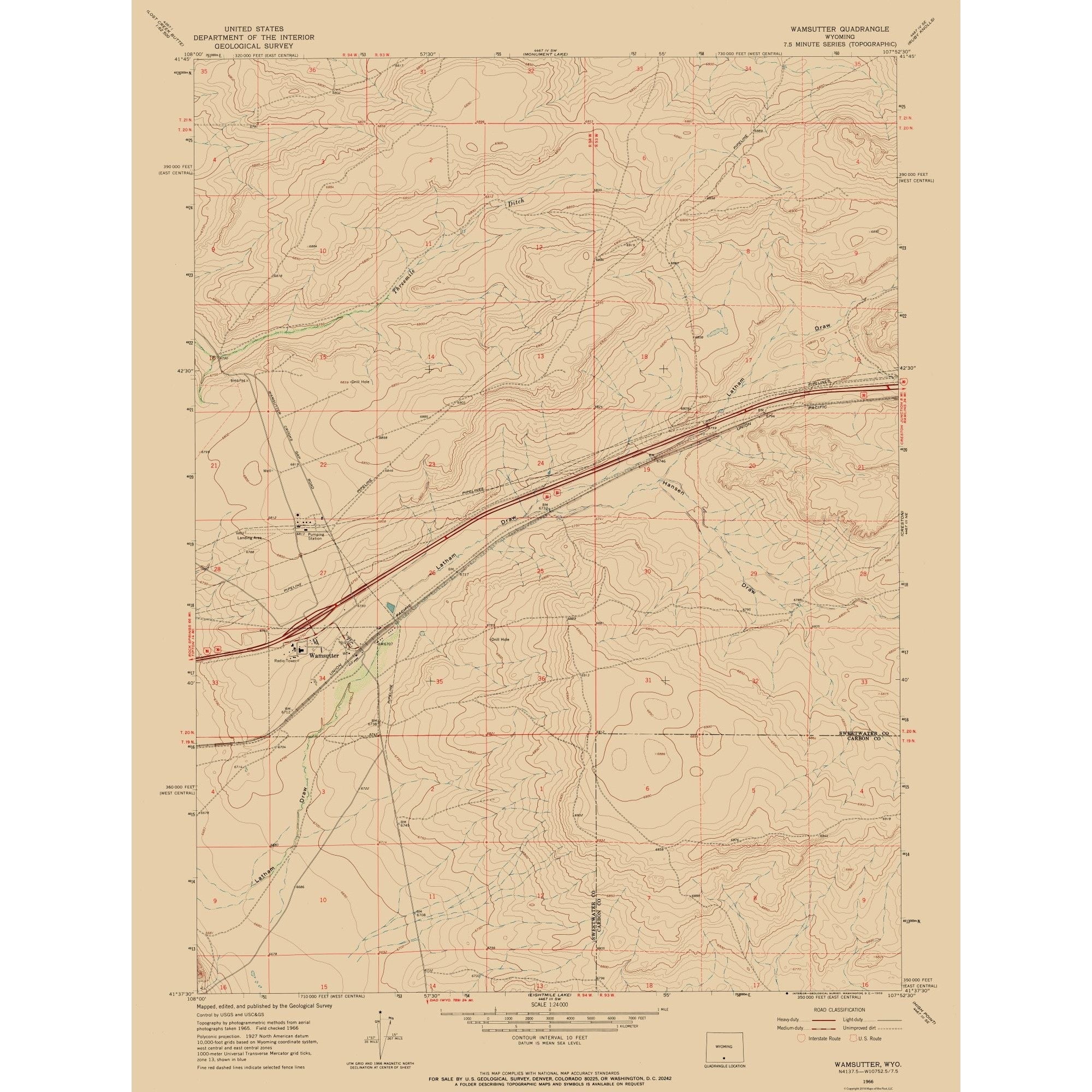 Topographical Map - Wamsutter Wyoming Quad - USGS 1966 - 23 x 30.31 ...