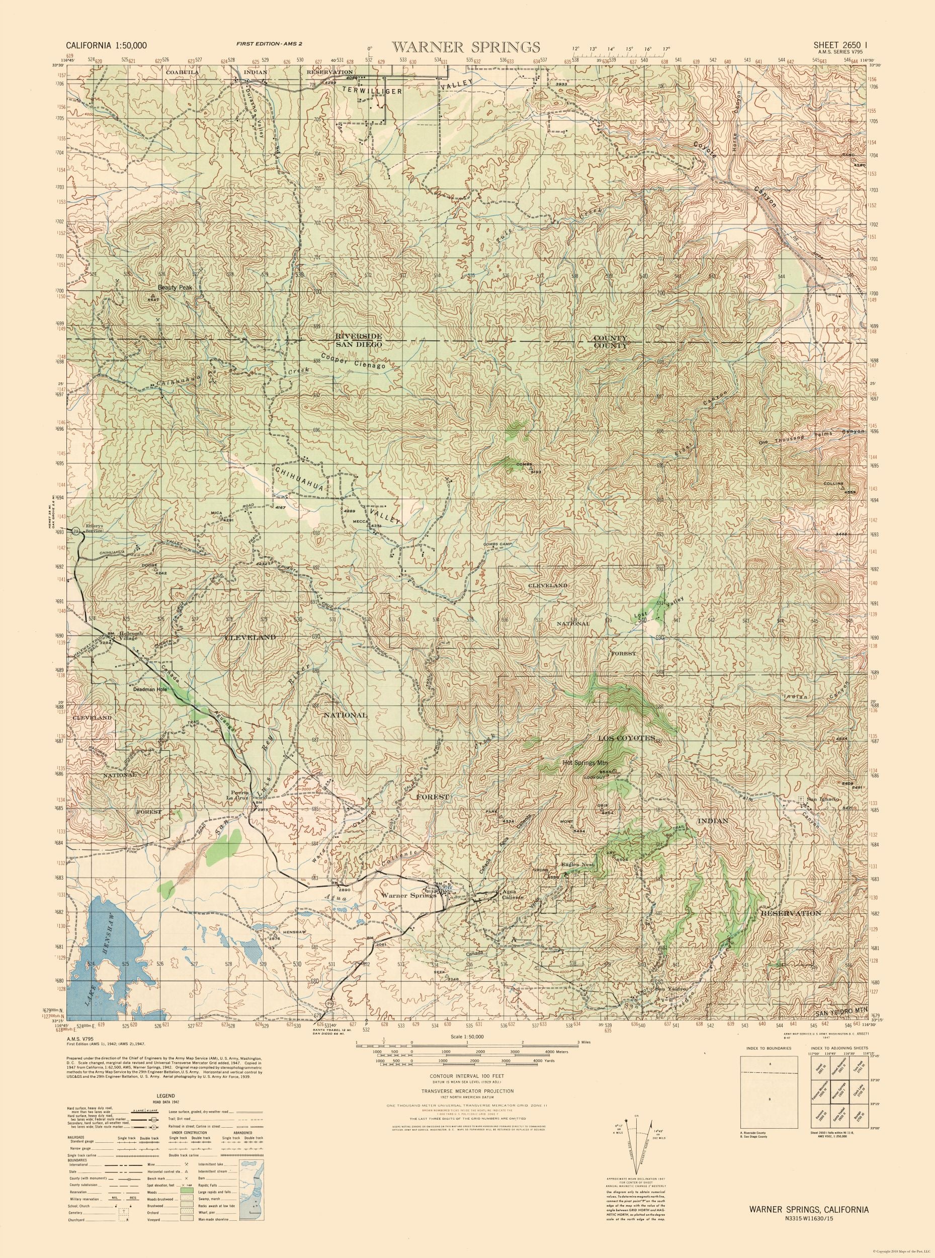 Topographical Map - Warner Springs Sheet - US Army 1942 - 23 x 30.93 ...