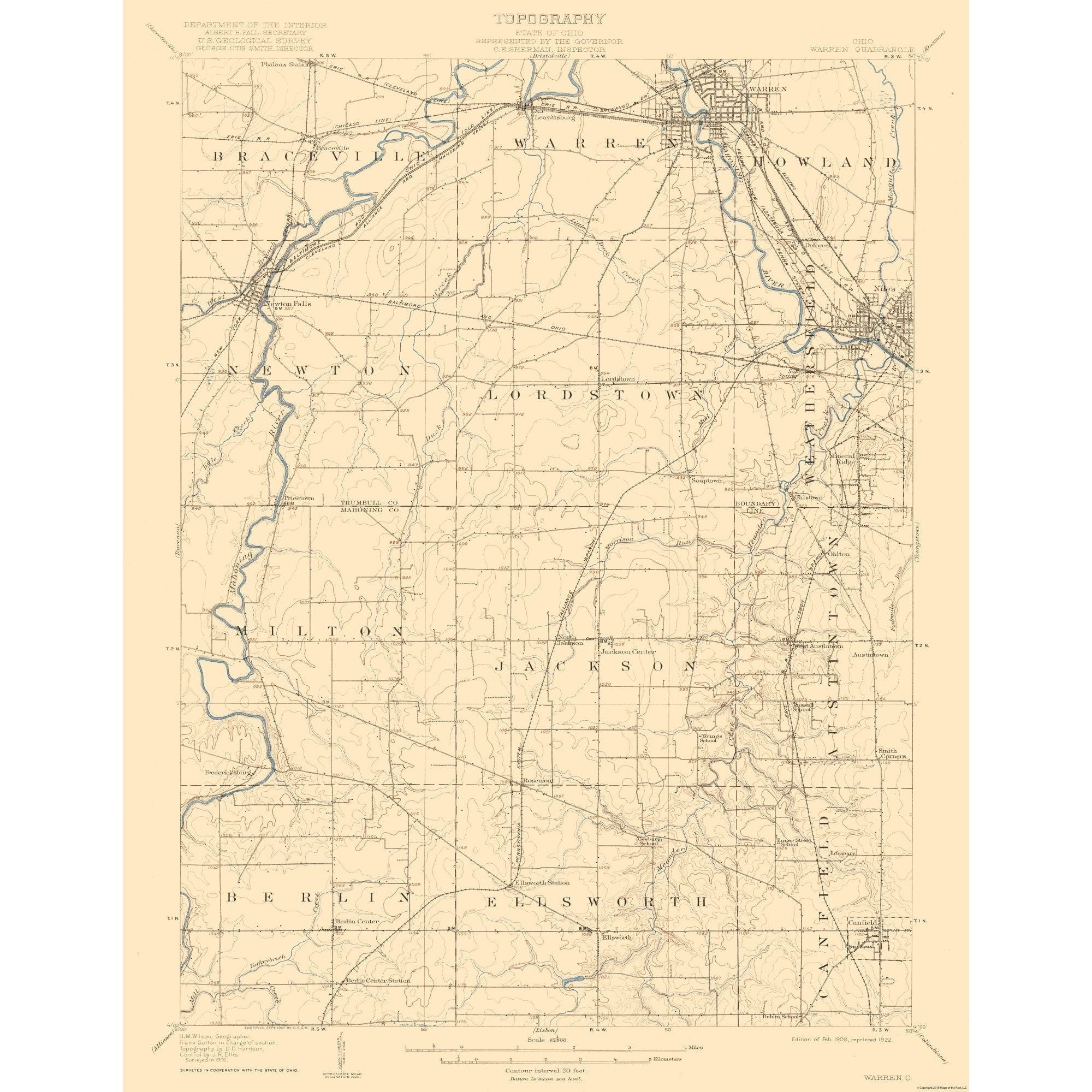 Topographical Map - Warren Ohio Quad - USGS 1908 - 23 x 29.68 - Vintage ...