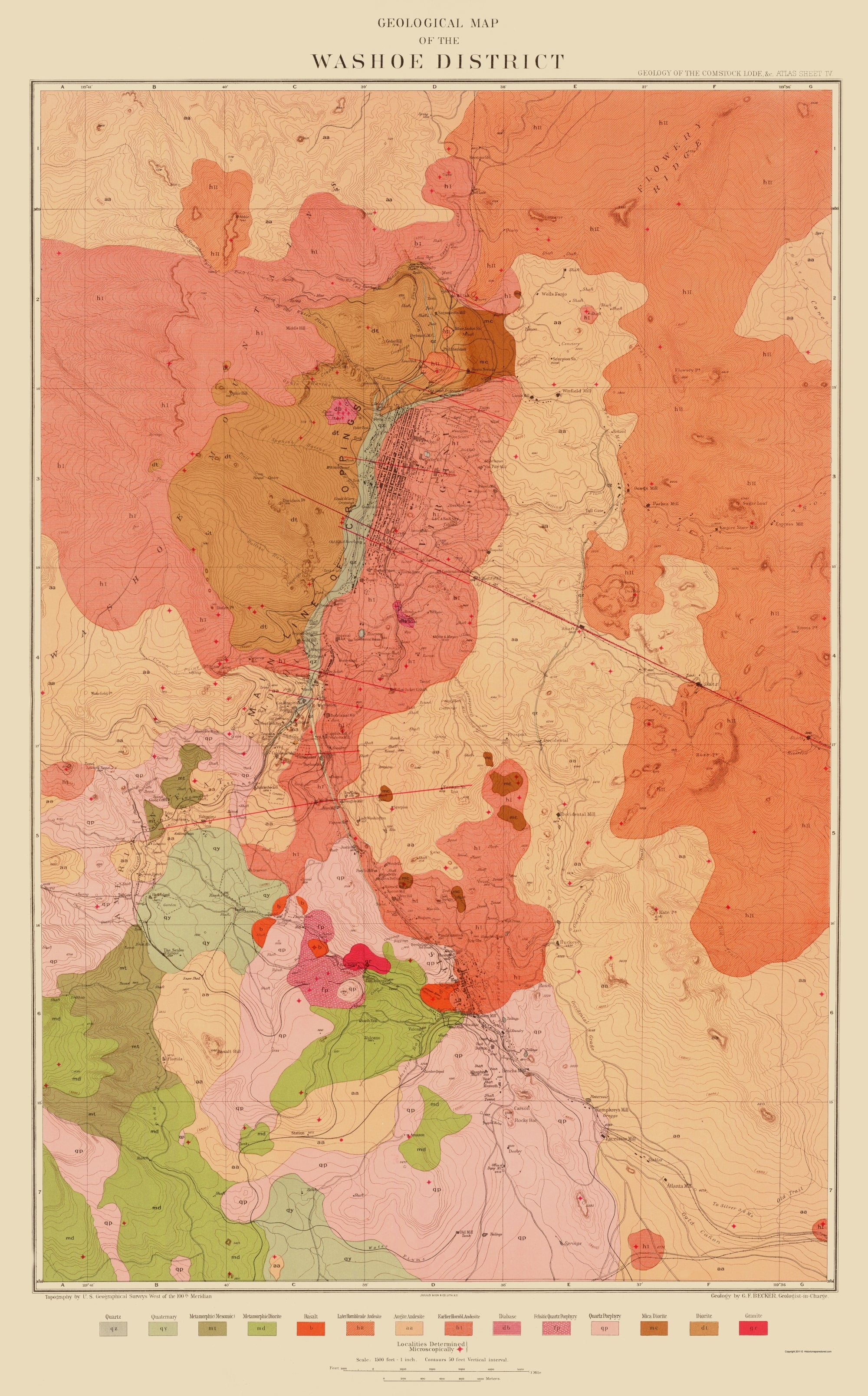 Topographical Map - Washoe District Nevada - Becker 1882 - 23 x 36.98 ...