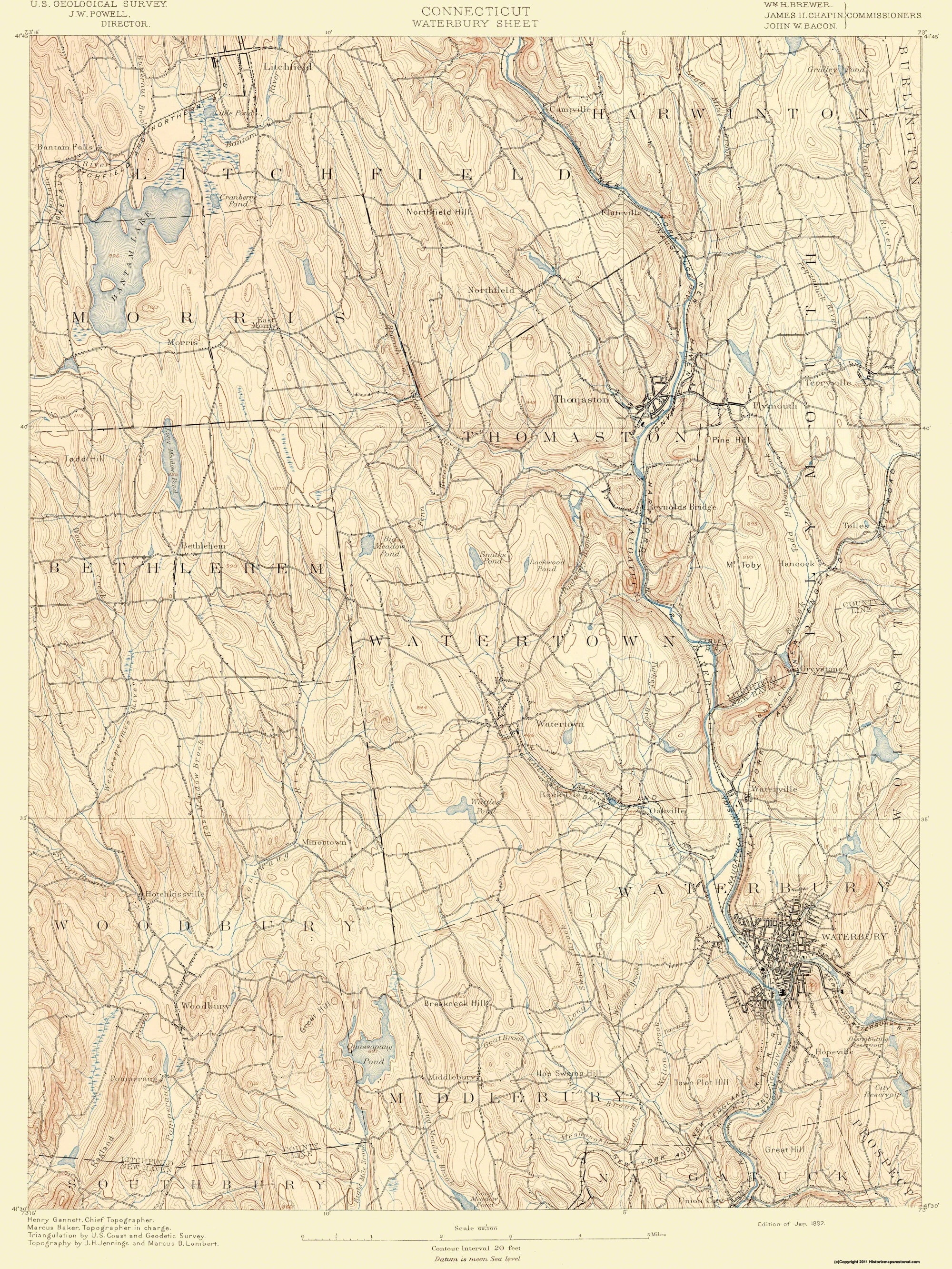 Topographical Map - Waterbury Connecticut Sheet - USGS 1892 - 23 x 30. ...