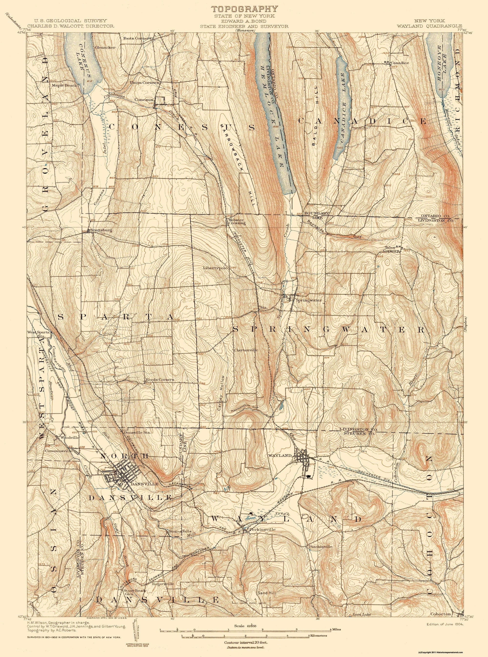 Topographical Map - Wayland New York Quad - USGS 1904 - 23 x 30.96 ...