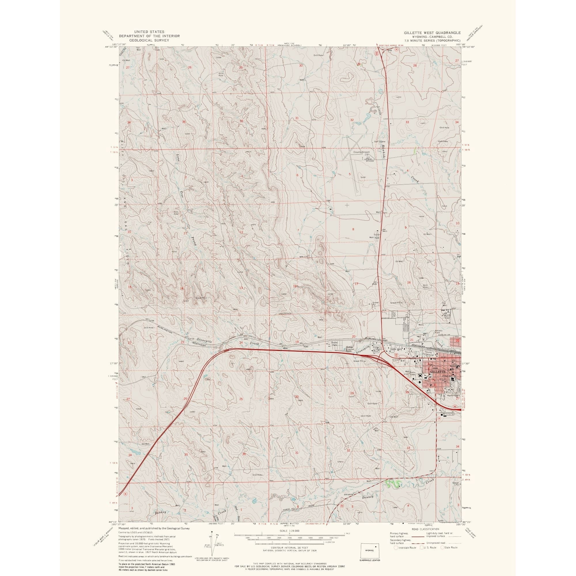 Topographical Map - West Gillette Wyoming Quad - USGS 1971 - 23 x 29.05 ...