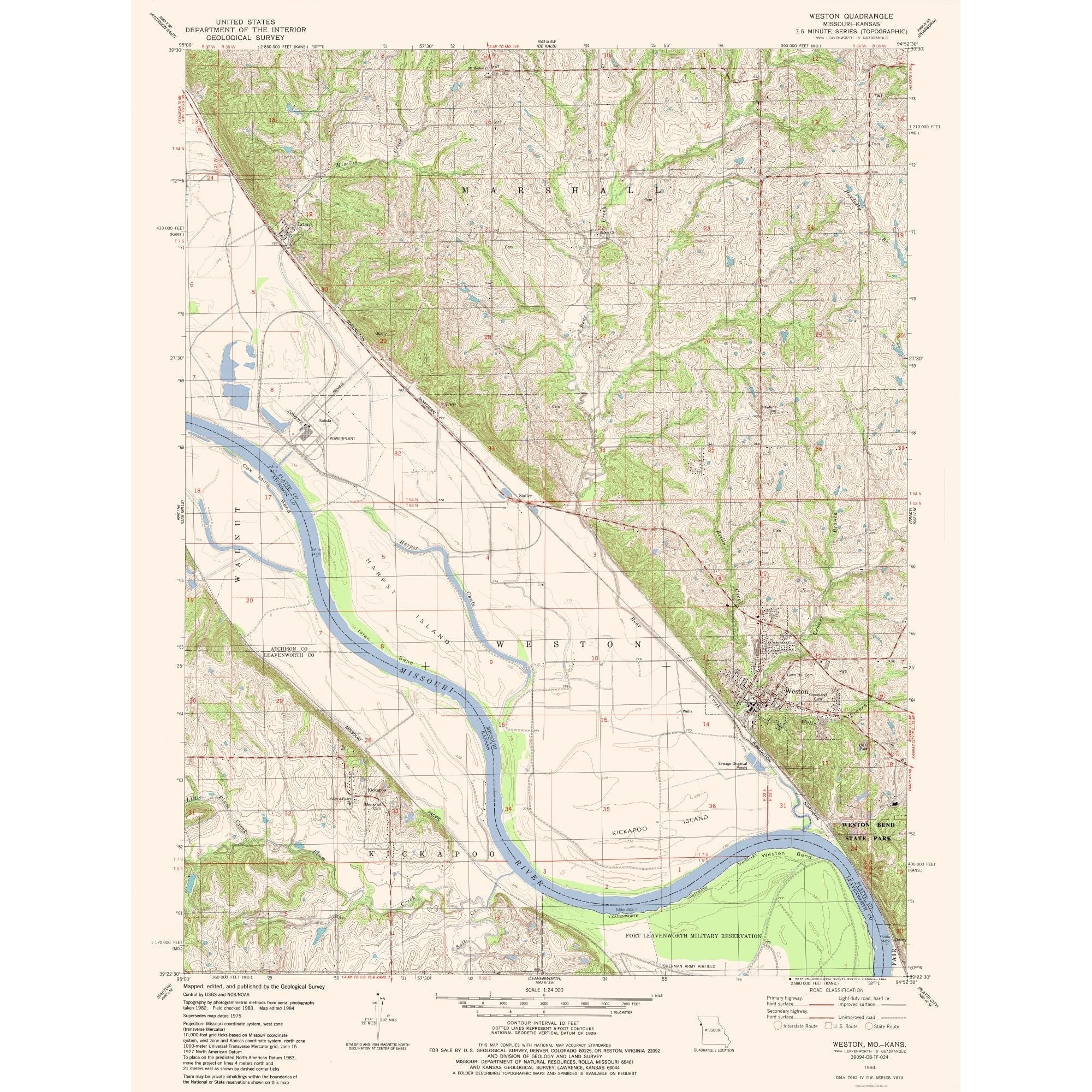 Topographical Map - Weston Missouri Quad - USGS 1984 - 23 x 30.29 ...