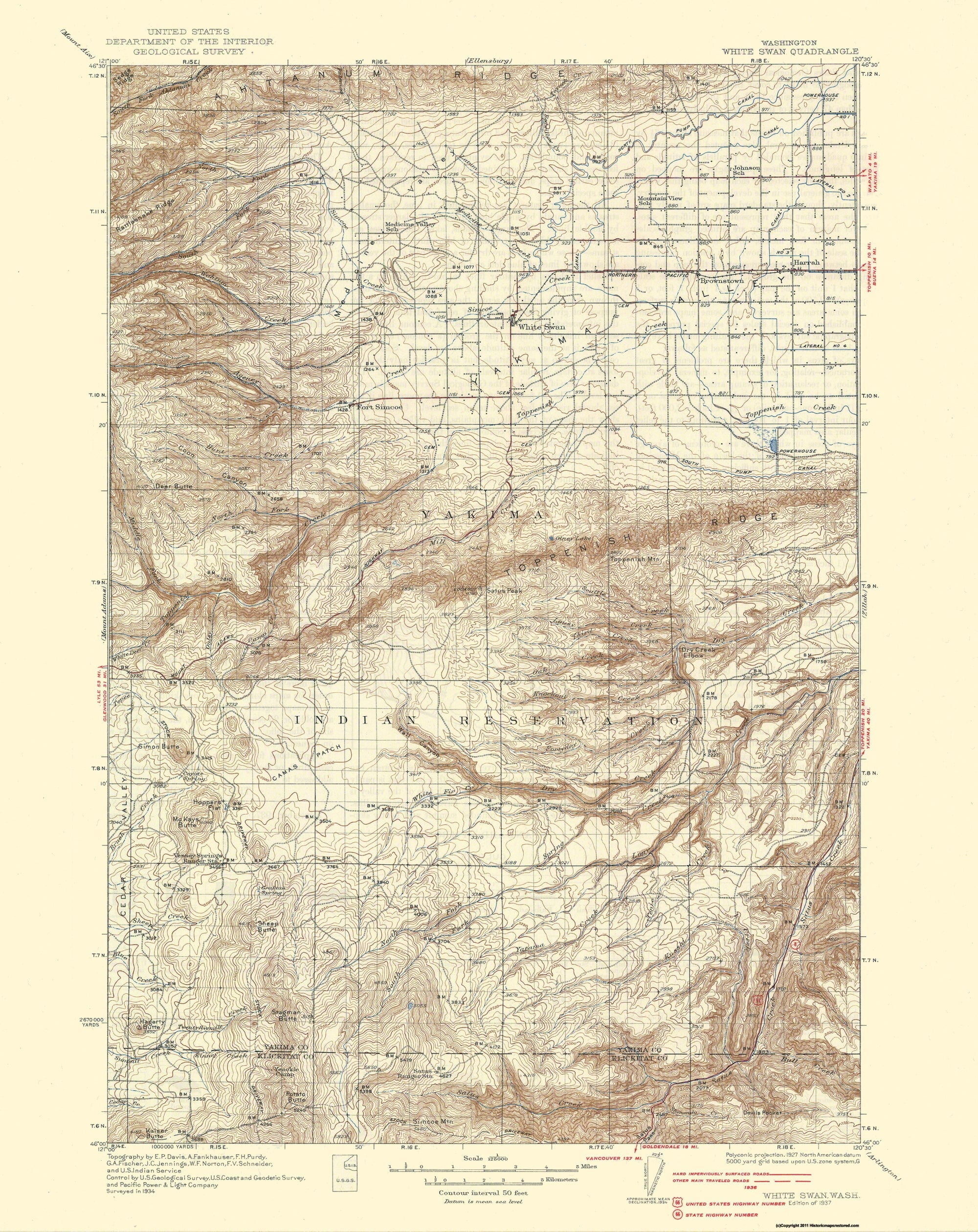 Topographical Map - White Swan Washington Quad - USGS 1937 - 23 x 29 ...