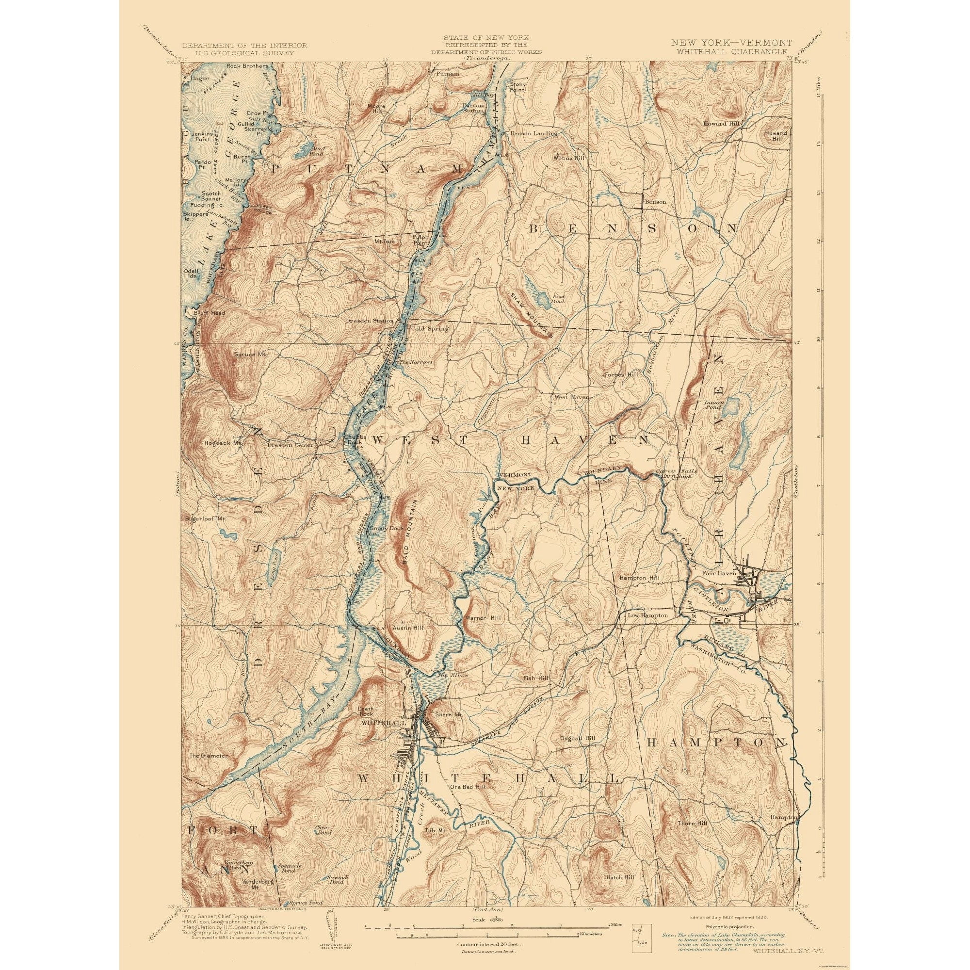 Topographical Map - Whitehall New York Vermont Quad - USGS 1902 - 23 x ...
