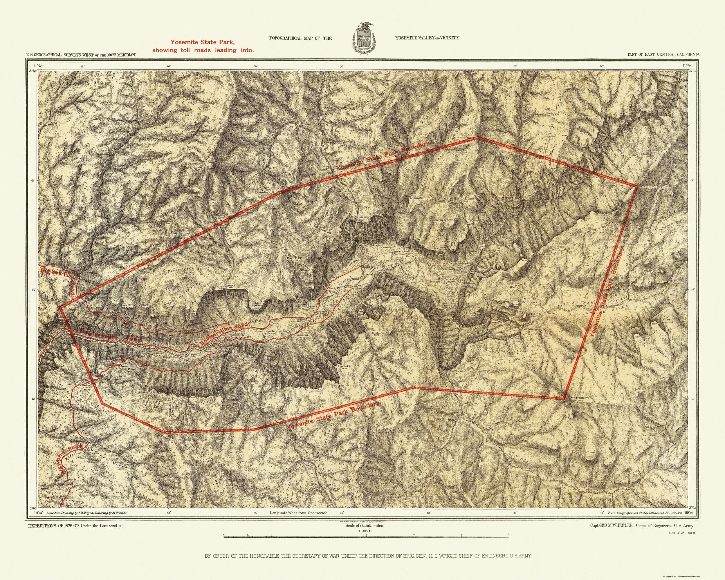 Topographical Map - Yosemite California Quad - USGS 1879 - 28.75 x 23 ...