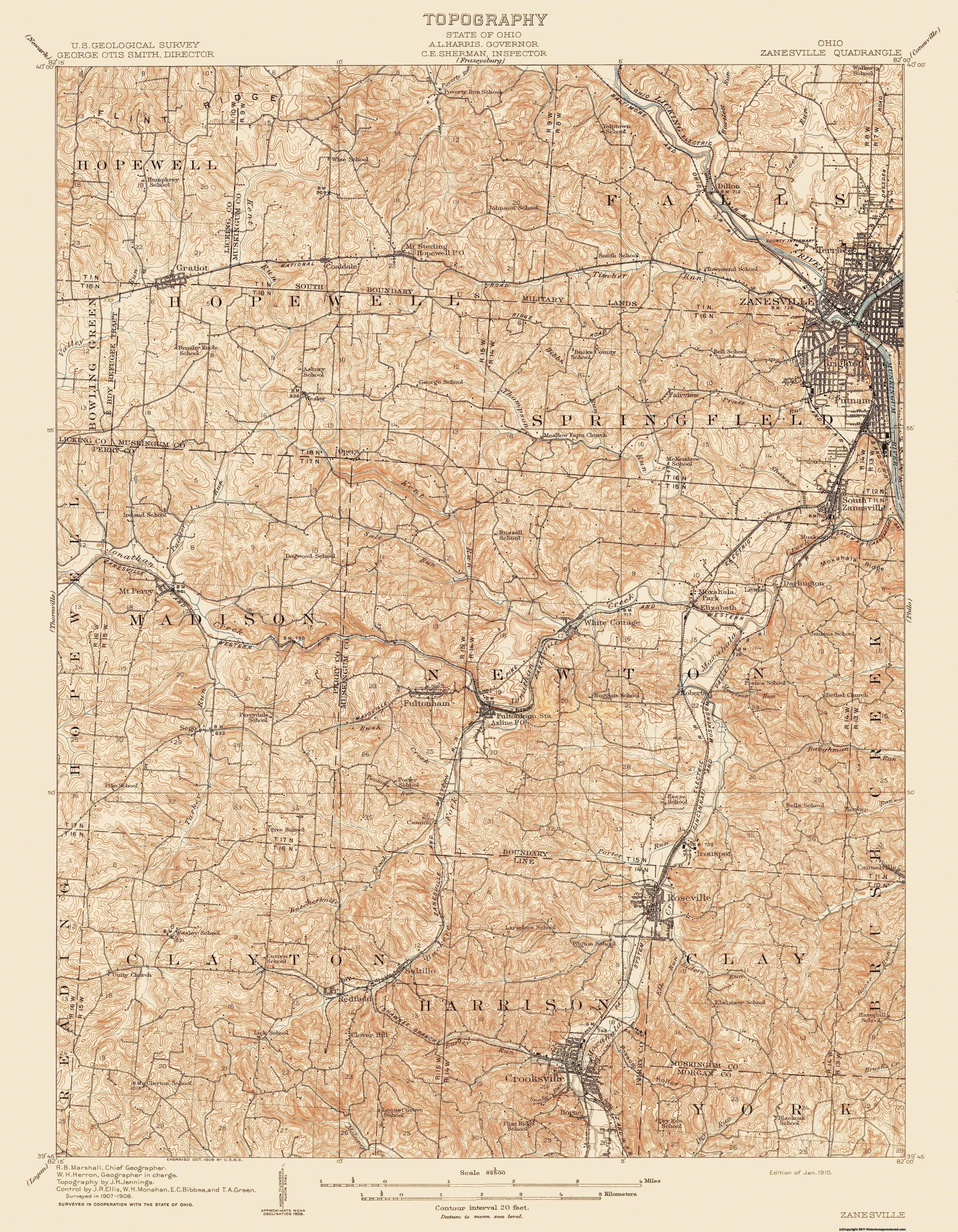 Topographical Map - Zanesville Ohio Quad - USGS 1910 - 23 x 29.56 ...