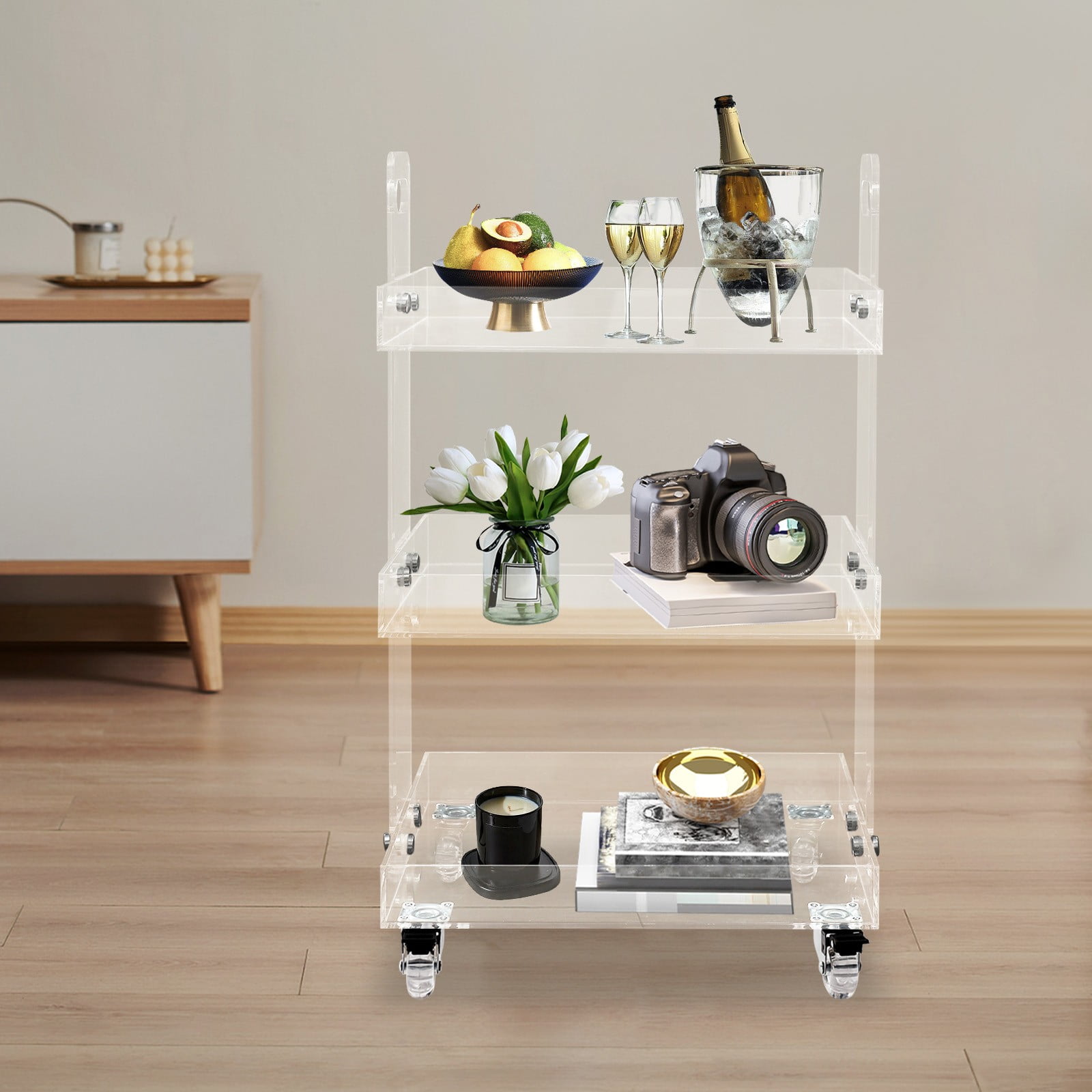 ToppiJoy 3-Tier Acrylic Utility Rolling Cart, Clear Acrylic Storage ...