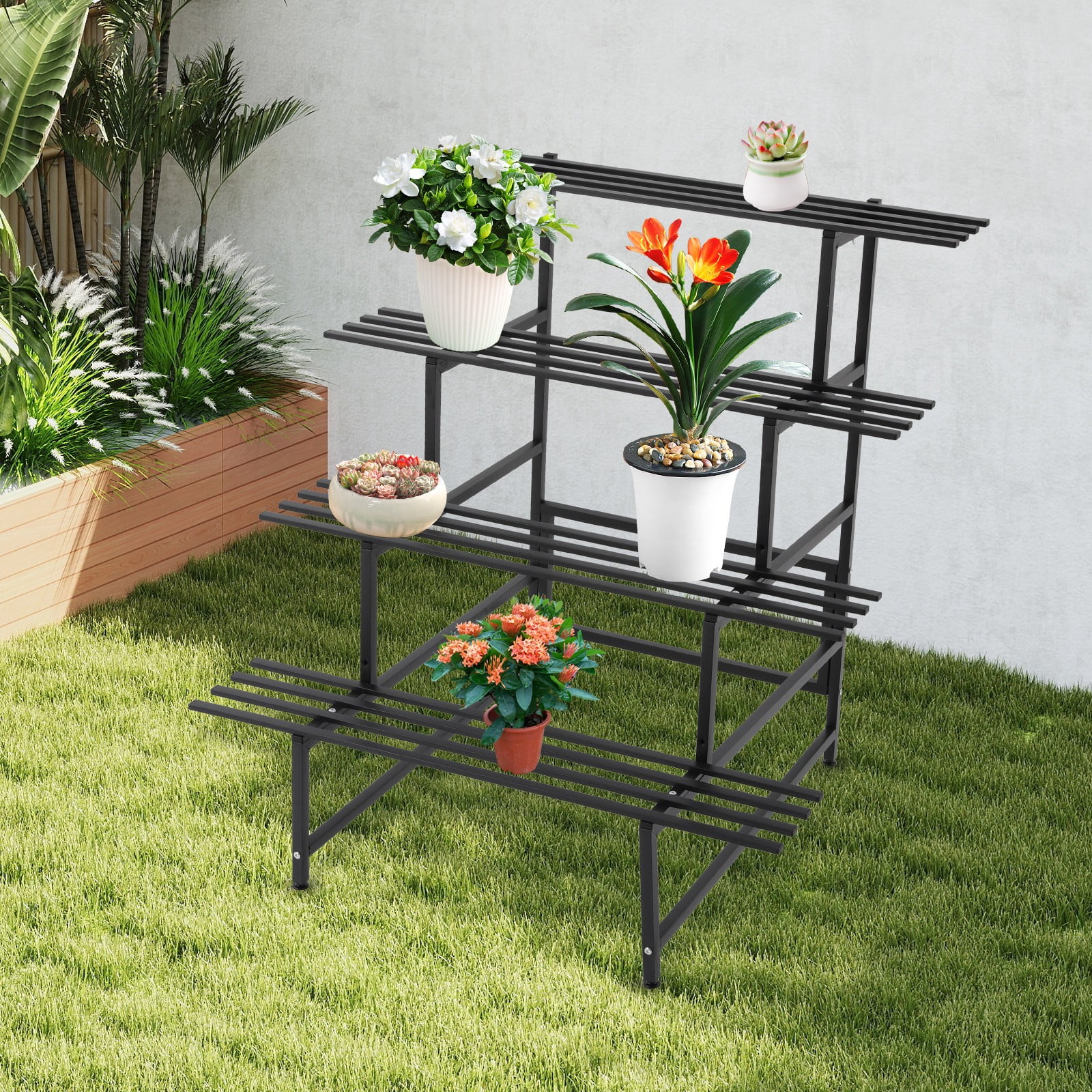 ToppiJoy 4 Tier Flower Ladder Shelf, Metal Plant Display Holder Outdoor ...