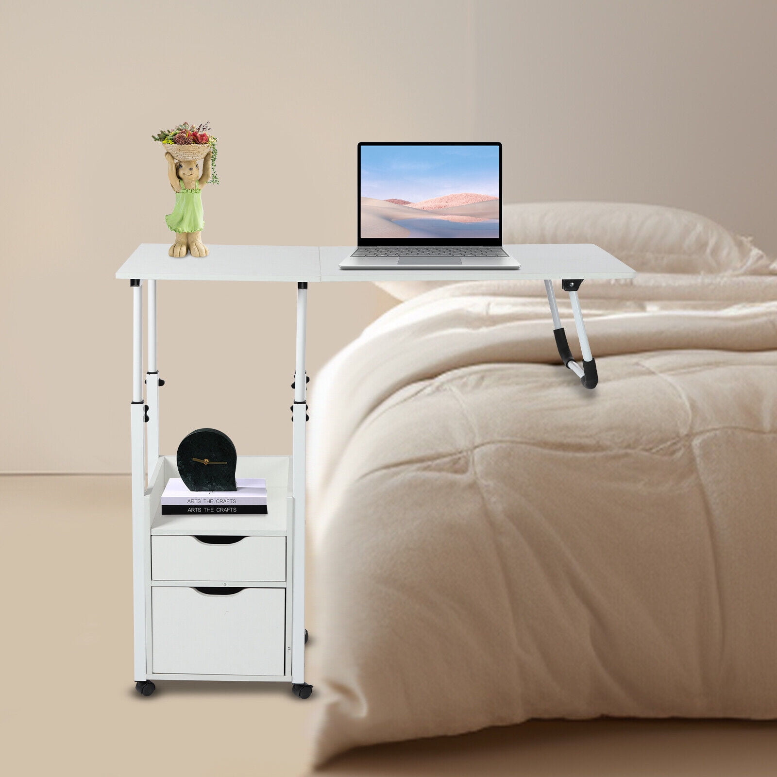 ToppiJoy Foldable Overbed Table with Wheels, Movable Bedside Table ...