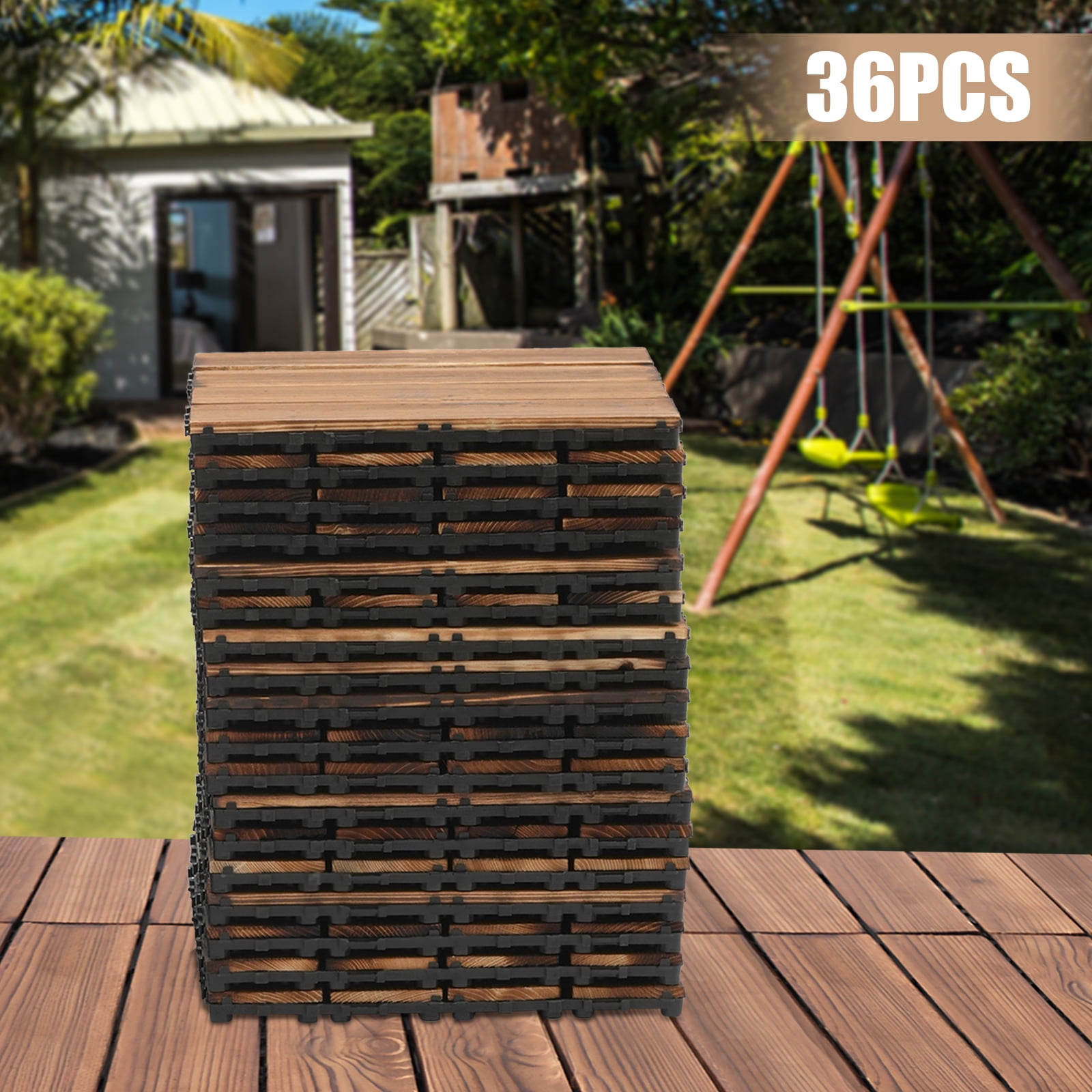 ToppiJoy Interlocking Deck Tiles 36-Sq Ft, Carbonized Wood & PE Backing ...