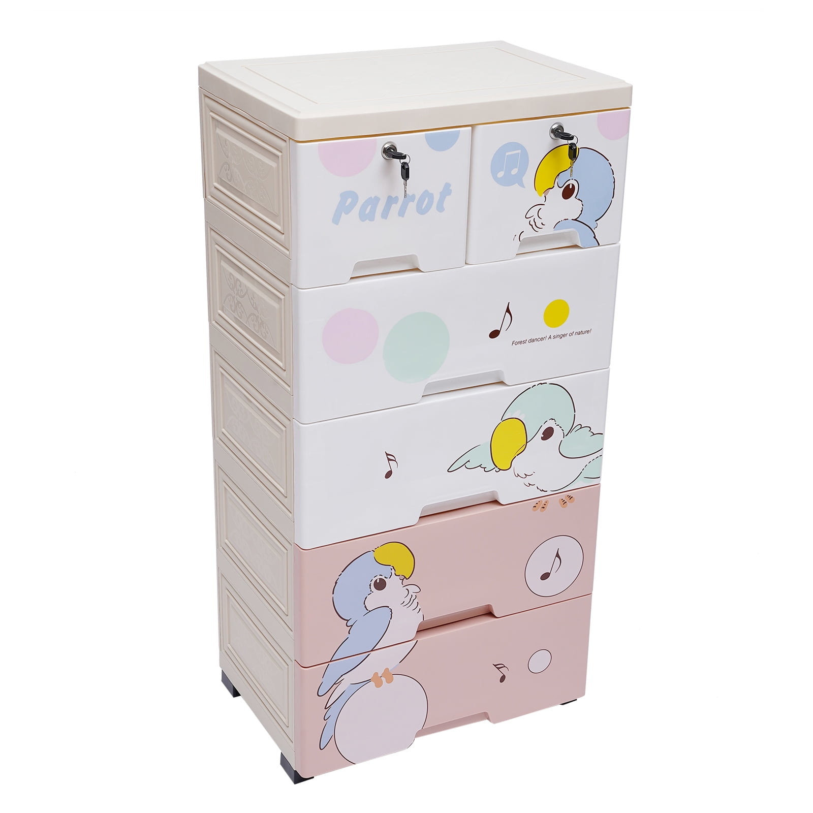 ToppiJoy Kids Plastic Dresser with Six Drawers, Parrot Pattern Storage ...