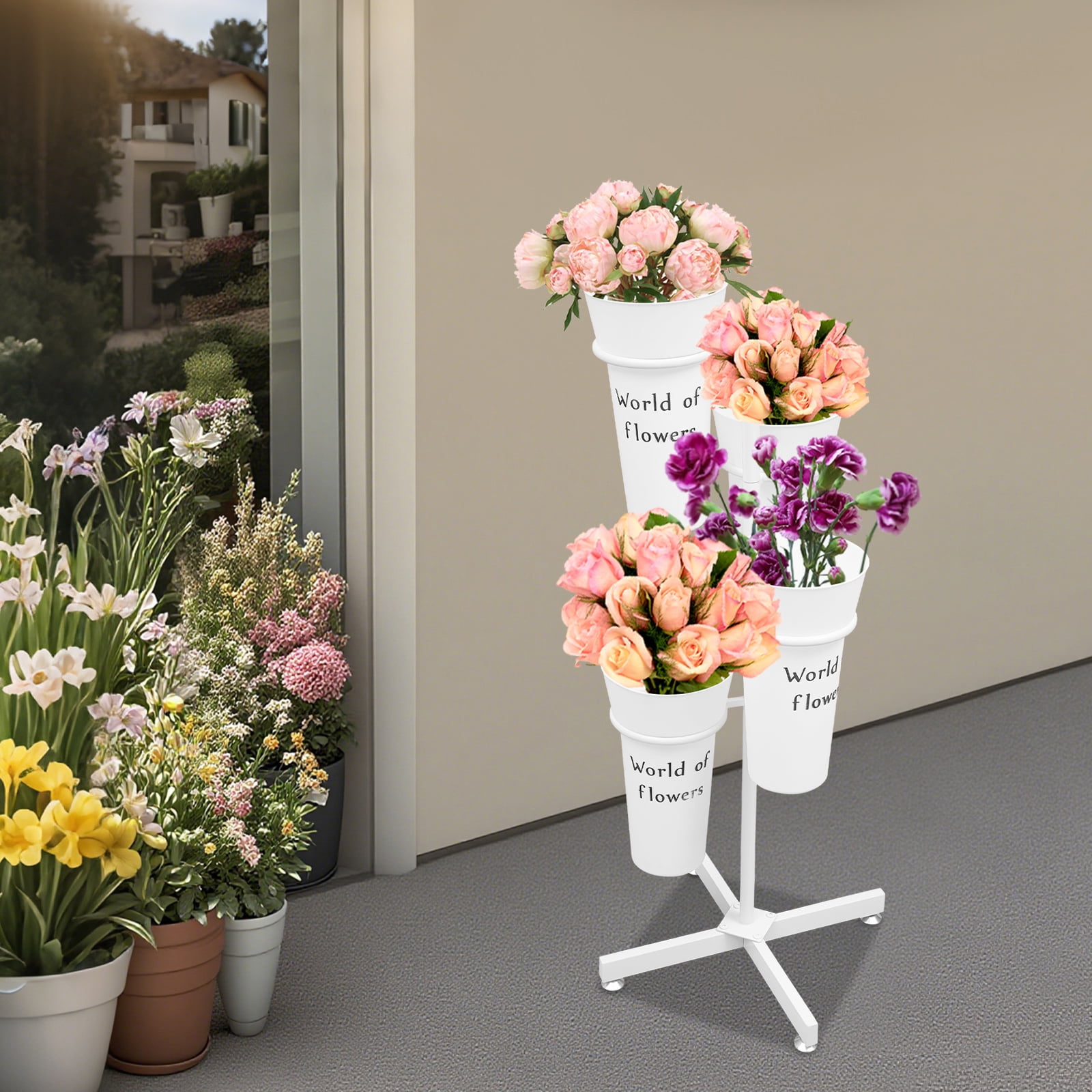 ToppiJoy Modern Metal Flower Display Stand with 4 Buckets for Indoor ...