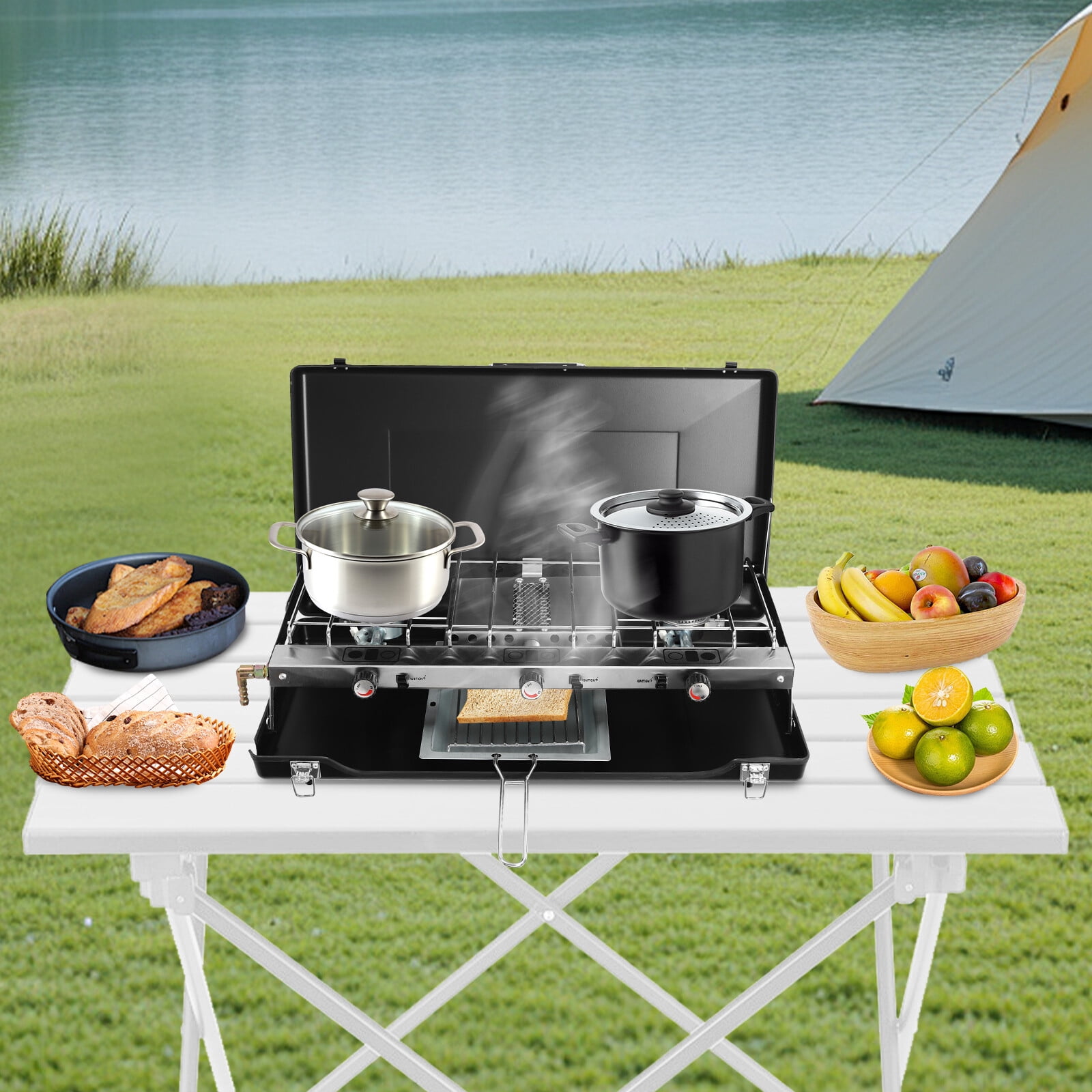 ToppiJoy Portable BBQ Cooking Grill, Tabletop 2-in-1 Stove with 3 ...