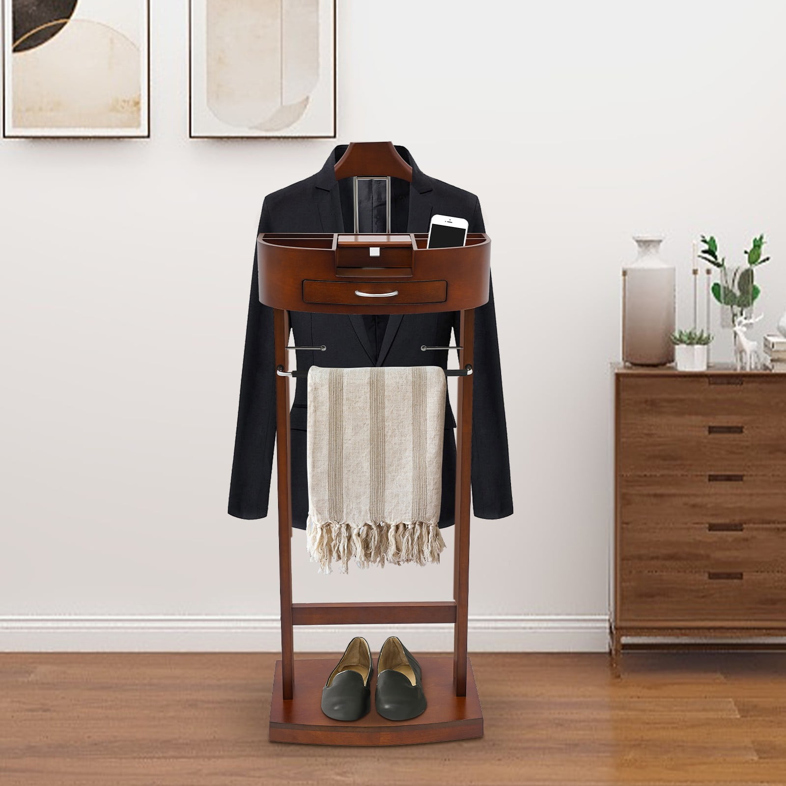 ToppiJoy Portable Wood Suit Rack, Freestanding Clothing Valet Stand ...