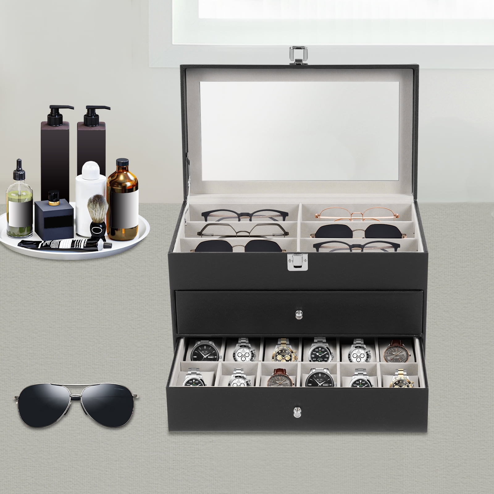 ToppiJoy Watch Box with 24 Compartments, Drawer Design for Eyeglasses ...