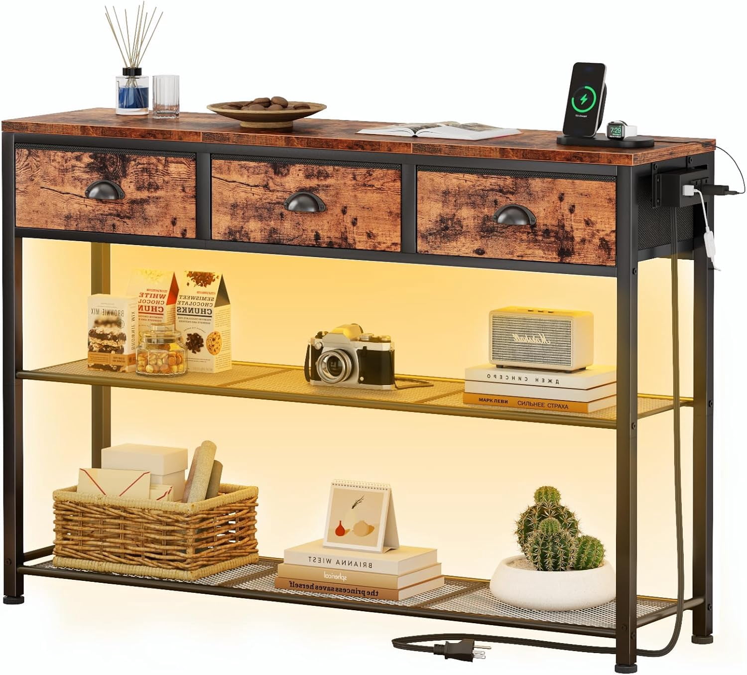 Topreu Console Table with Charging Station & 3 Fabric Drawers, 38 ...