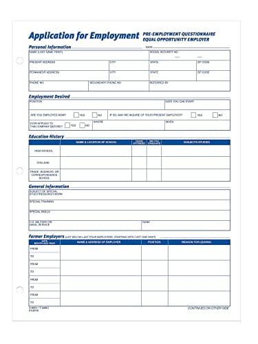 Tops 32851 Employee Application Form, 8-3/8 x 11, 50 Forms/Pad, 2 Pads ...