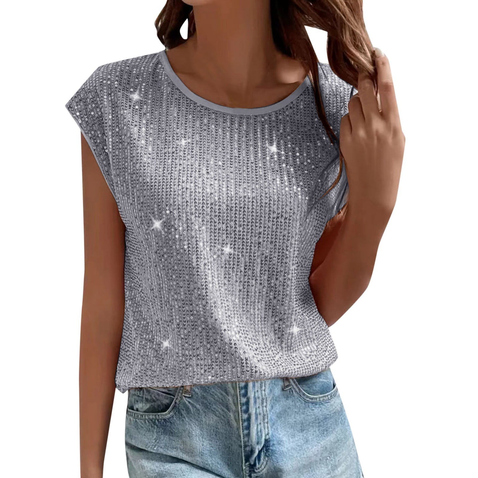 Tops For Women T-Shirts Solid Color Sequin Round Neck Tank Glitter ...