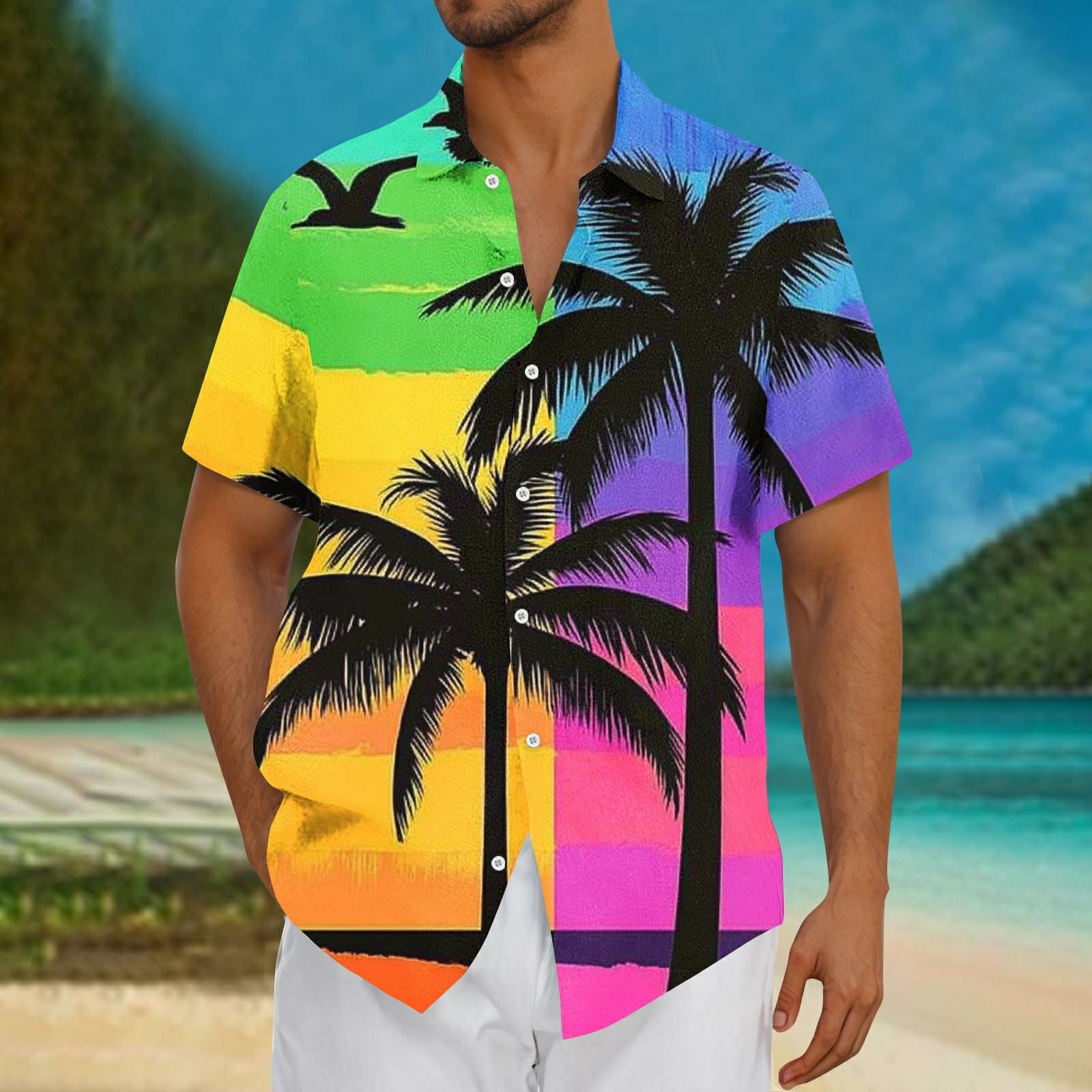 Tops for Men under $5 Plus Size Short Sleeve Button Up Turndown Collar Hawaii Casual Vintage ...