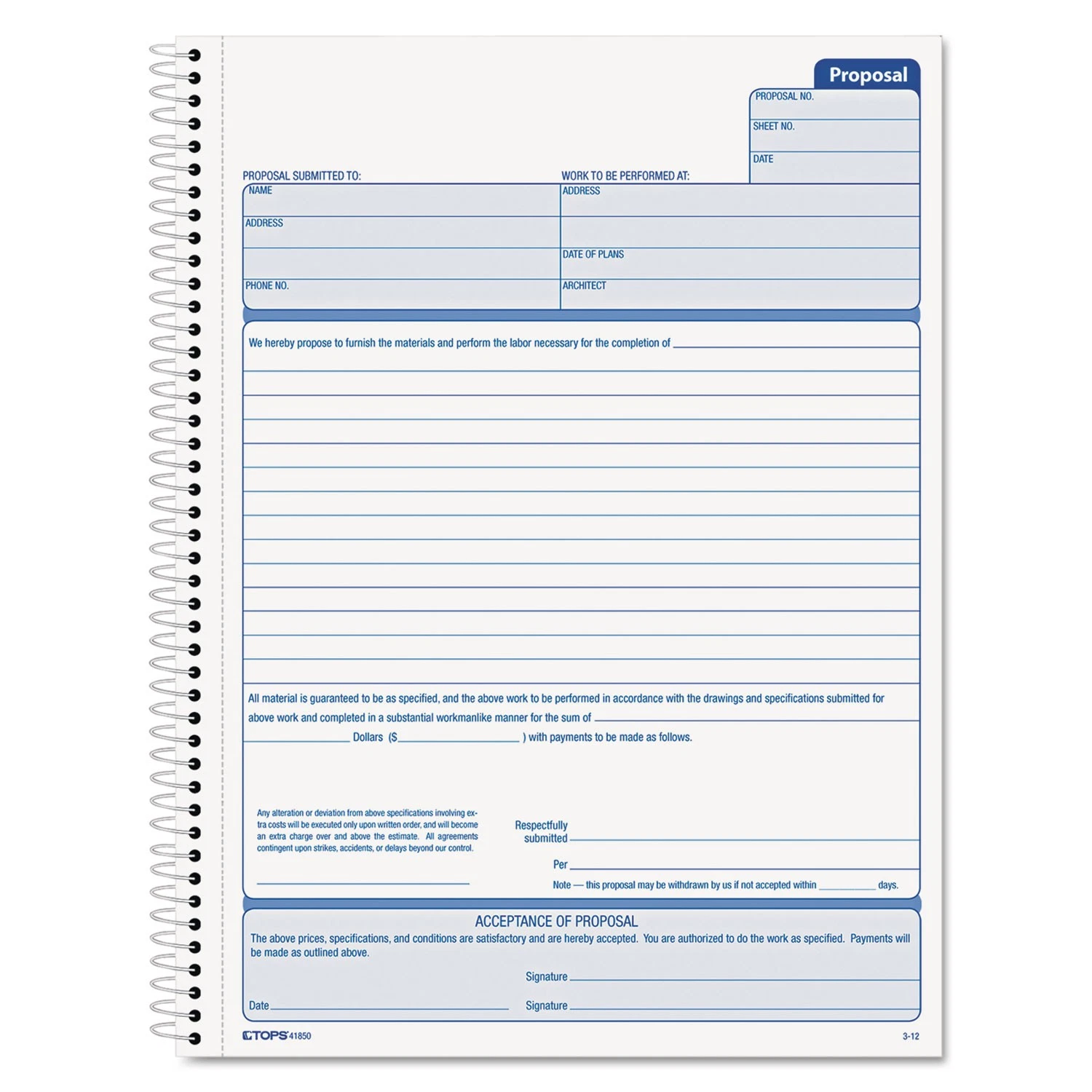 Tops Spiralbound Proposal Form Book 8 1/2 x 11 Two-Part Carbonless 50 ...