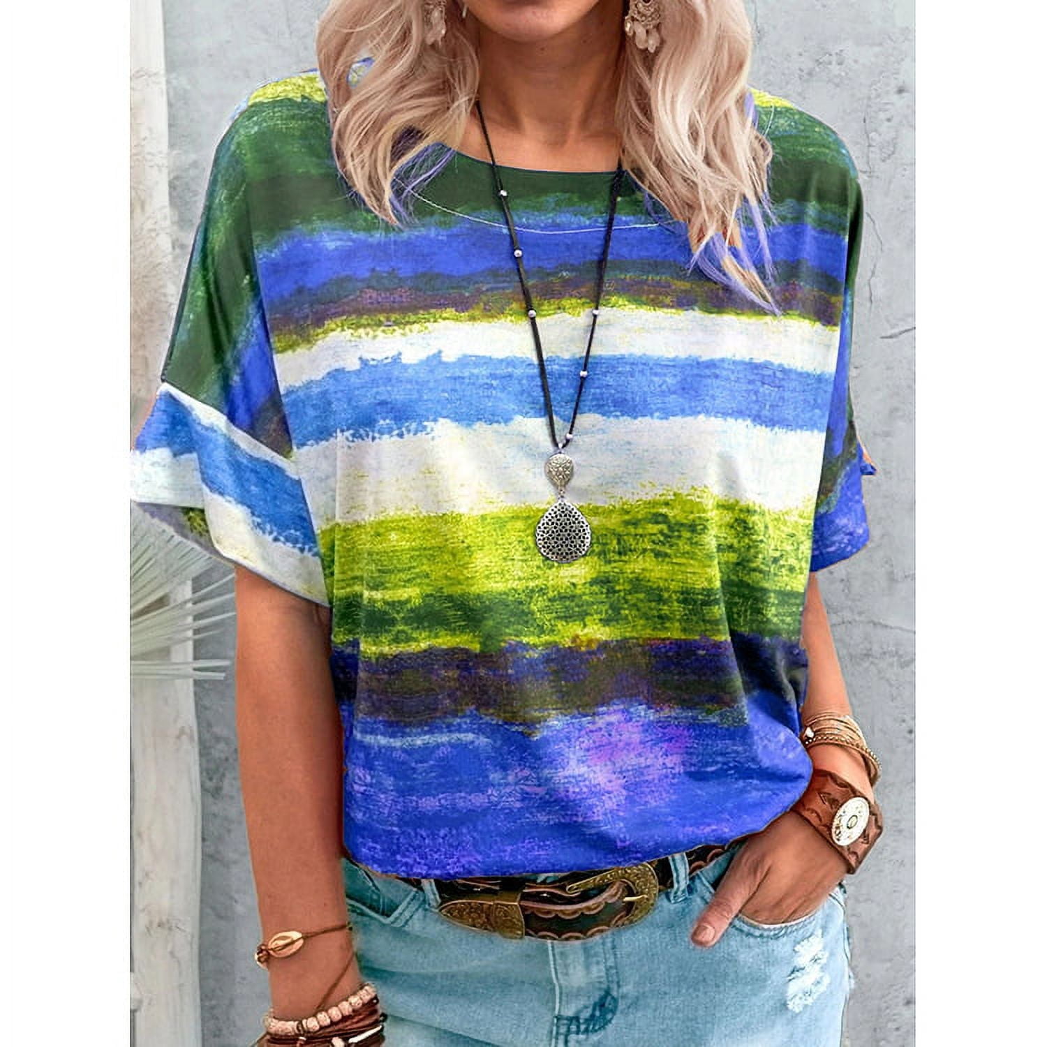 Tops T-Shirts for Women Gradient Color Tunic Top Rainbow Color Block ...