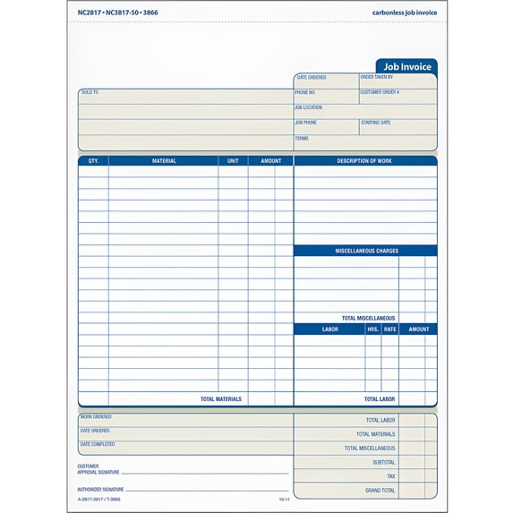 TOPS Office Business Pads, TOP3866, Three-Part Carbonless Job Invoice ...