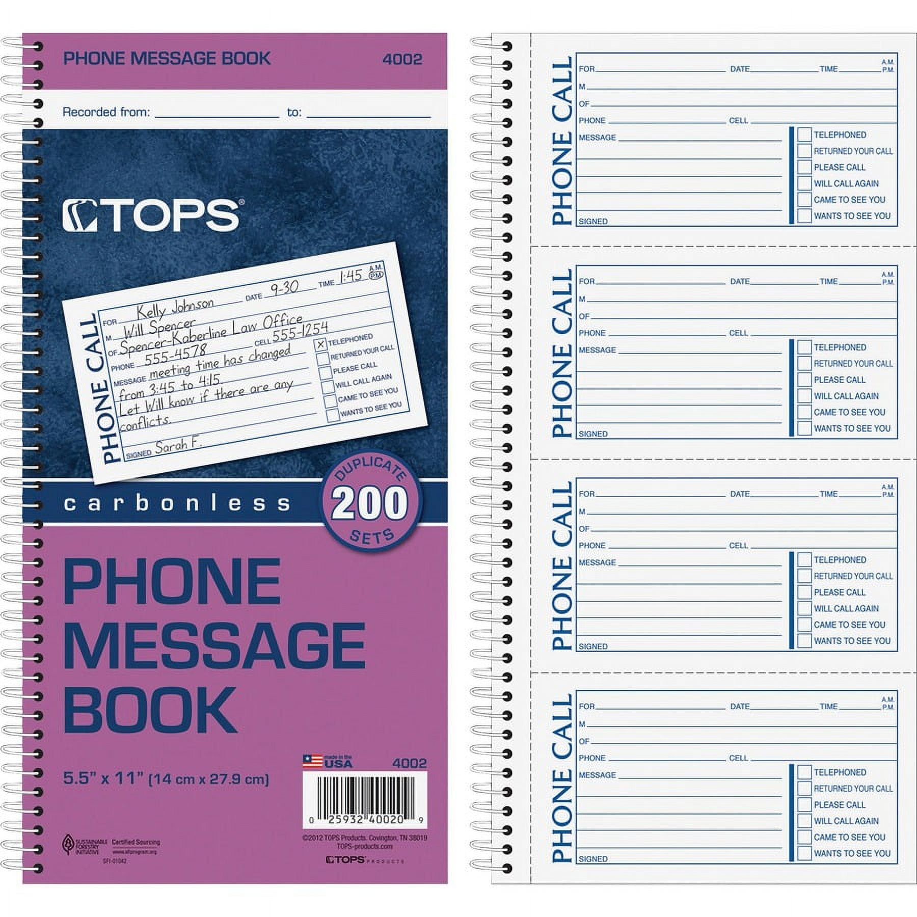 Tops TOP4002 Phone Message Book- 4 Calls-Pg- 200 Sets- 11 in. x 5.5 in ...