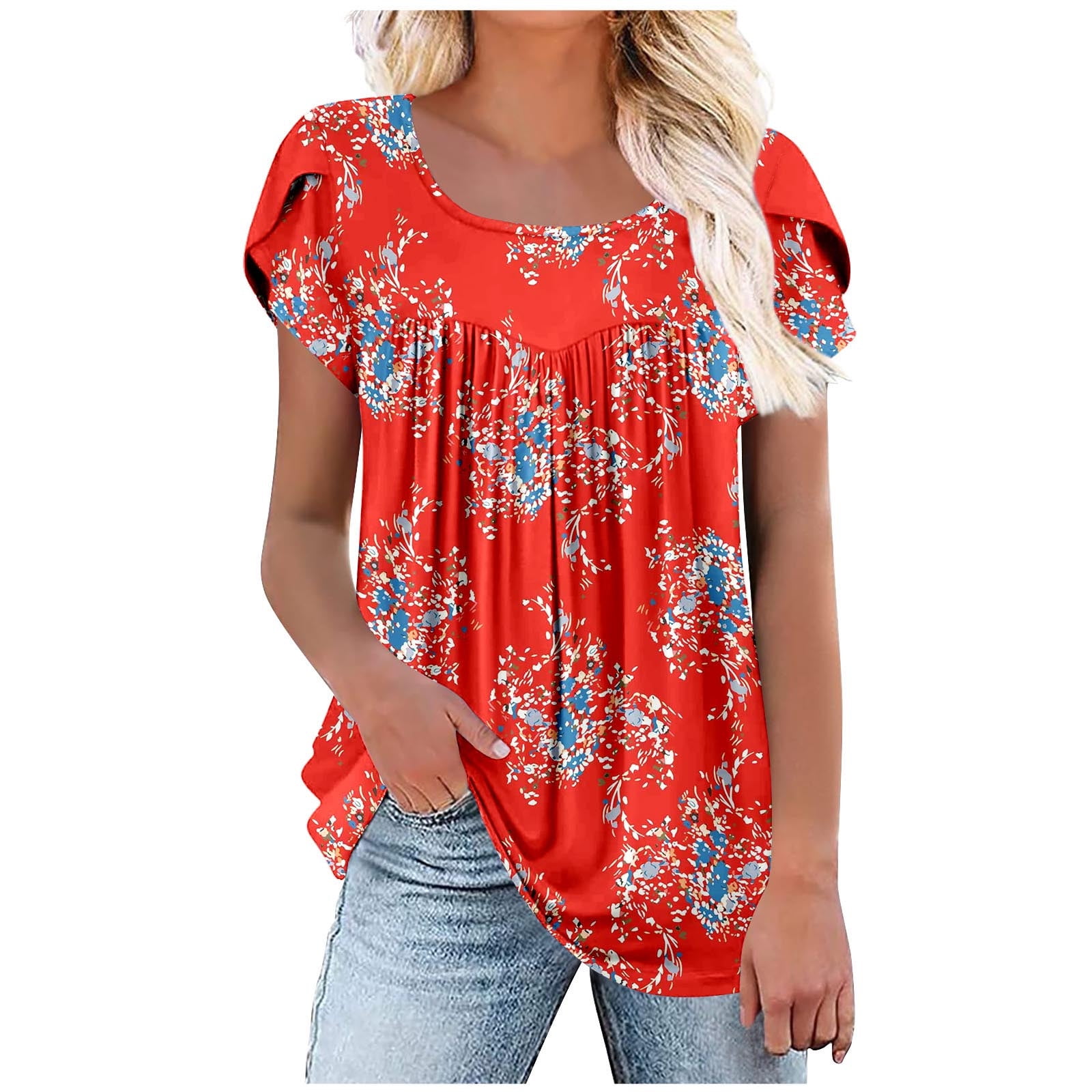 Tops for Women Puff Sleeve Summer Blouse Cute Floral Print Short Sleeve ...
