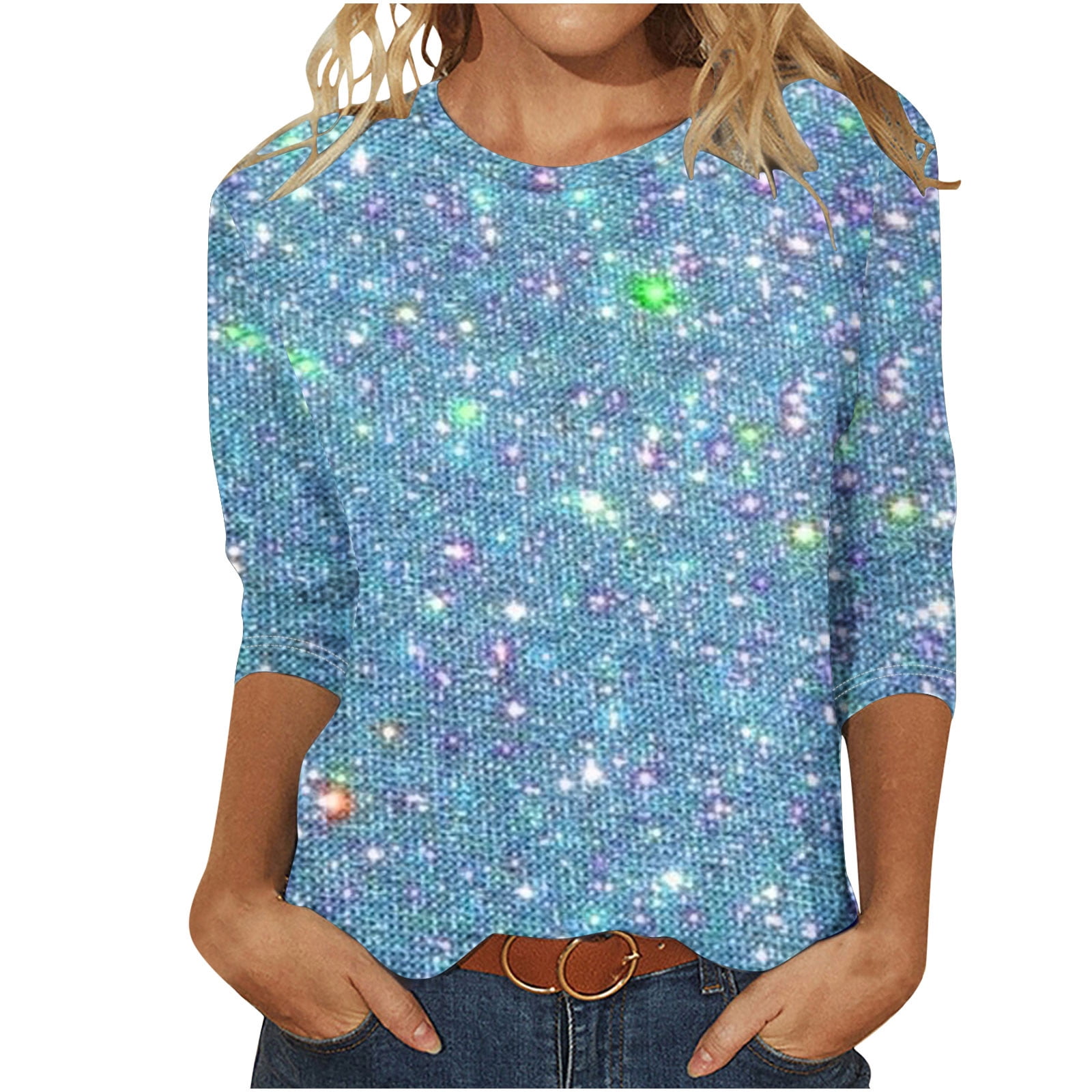 Baikeli Tops for Women Women's 3/4 Sleeve Shirts Trendy Gradient Printed Tops Classic Round Neck ...