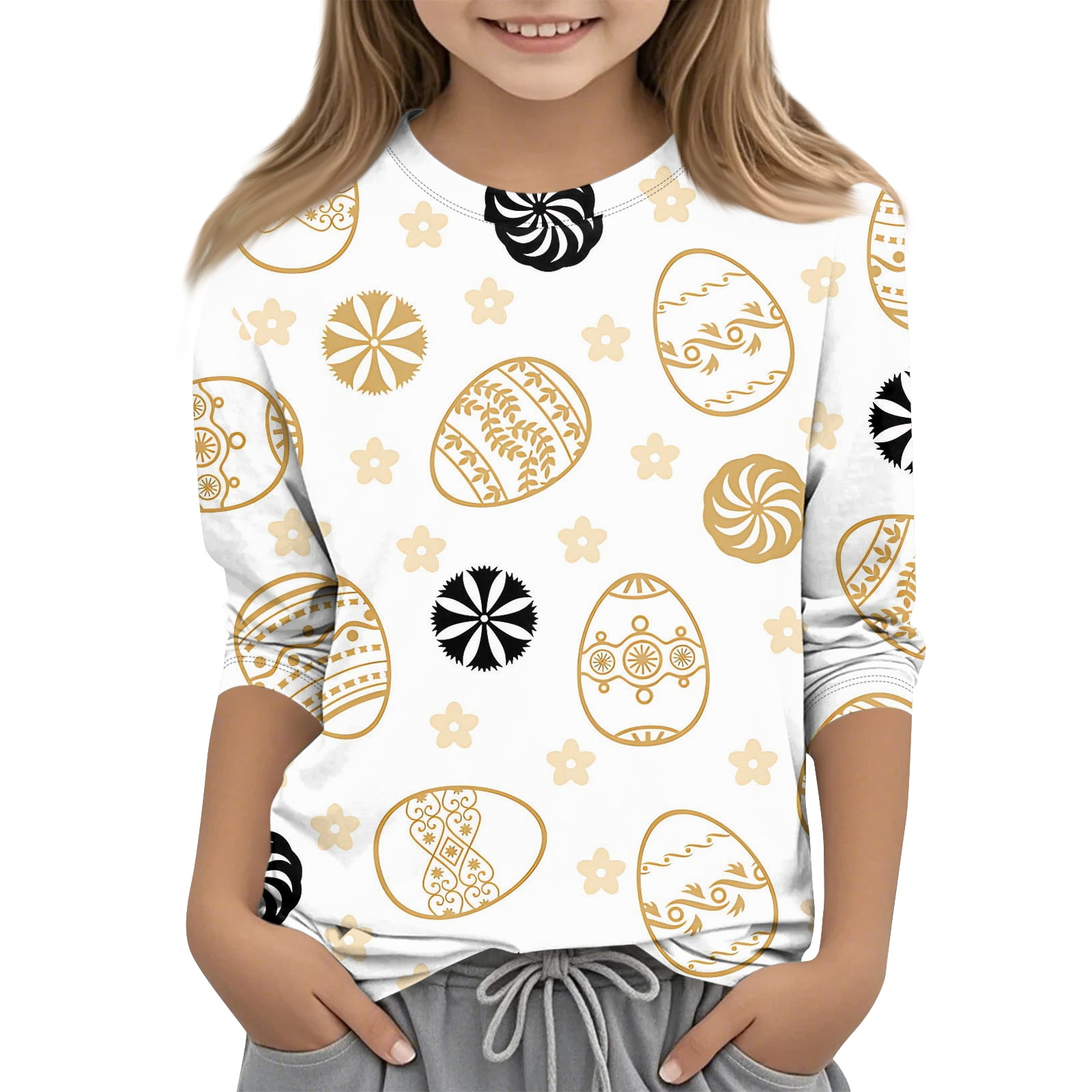 Tops for Girls Ages 5-14 Easter Printed 3/4 Sleeve Round Neck Spring ...