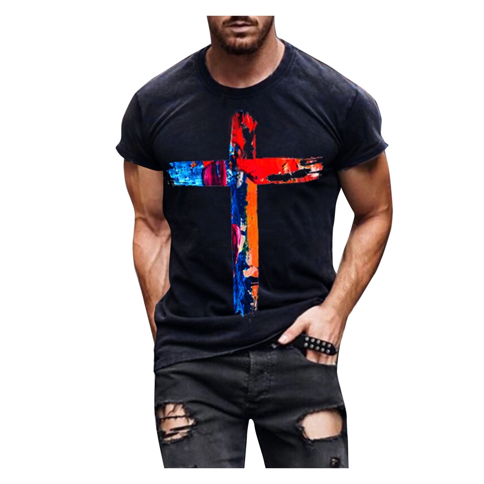Tops for Men Men's Street Trendy Casual Print Crew Neck Short Sleeve ...