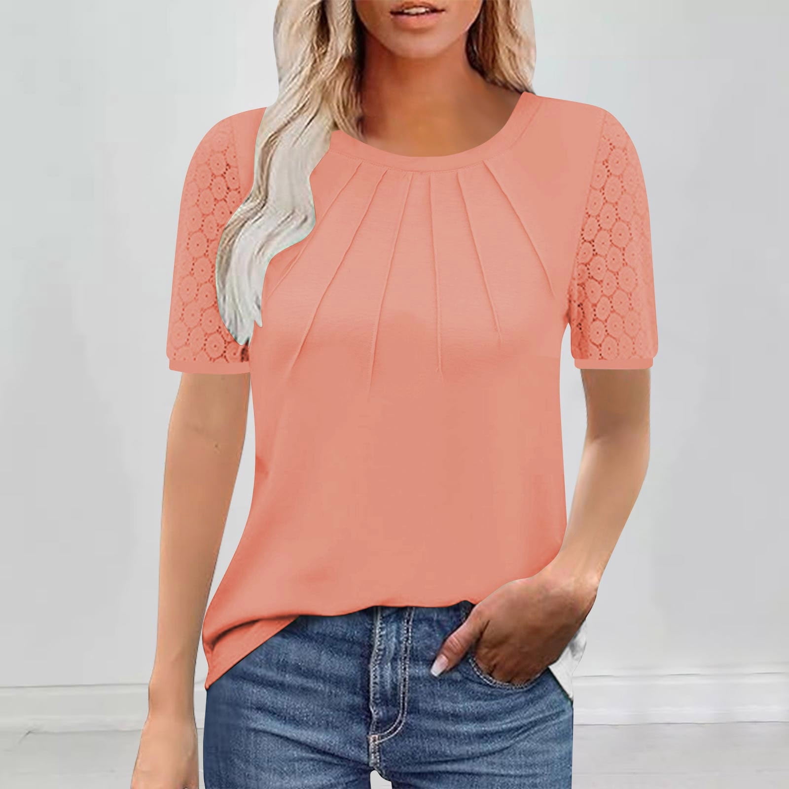Summer Tops for Women DYTTDG Women's Fashion Lace Short Sleeve Round ...