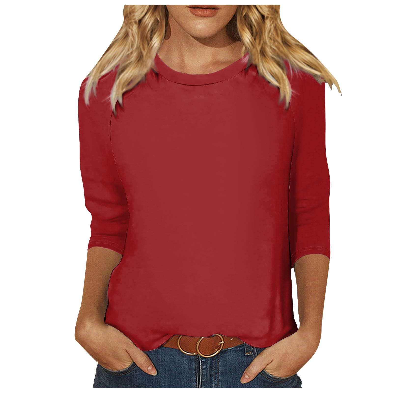 Tops for Women 2025 Summer Crewneck Three Quarter Length Solid Color ...