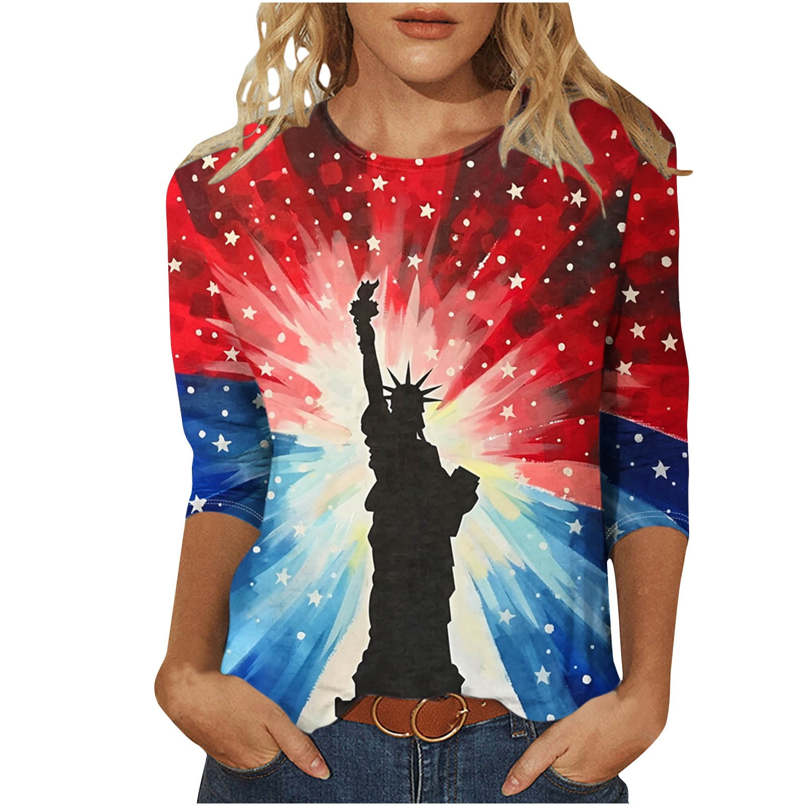 Tops for Women New Summer Tops for Women 4th of July 3/4 Sleeve Shirts ...
