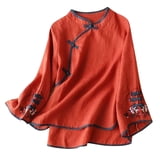 Tops for Women Chinese Style Embroidery Cotton Linen Bell Long Sleeve ...