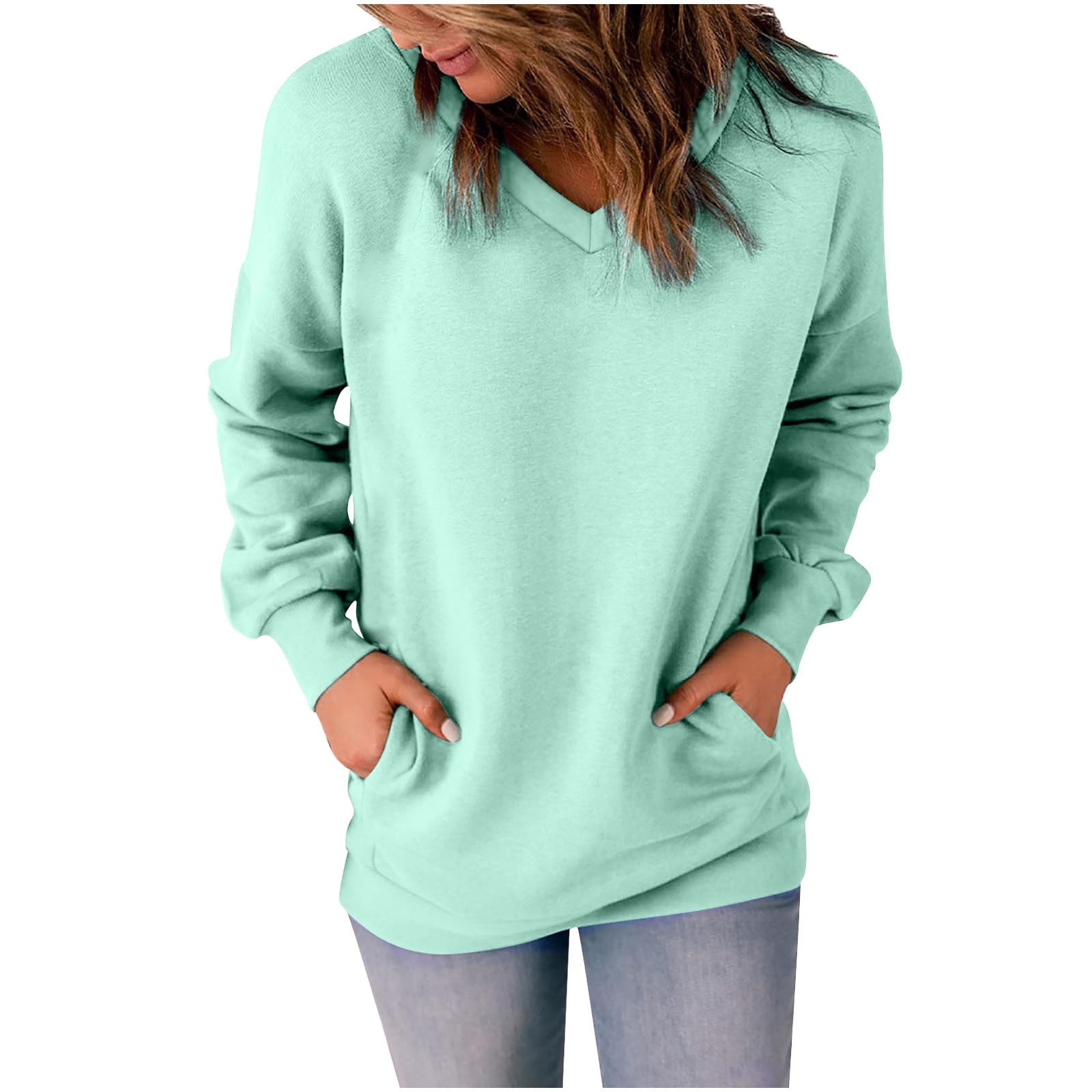 Tops for Women Classic Solid Color Sweatshirts V-neck Long Sleeve Loose ...